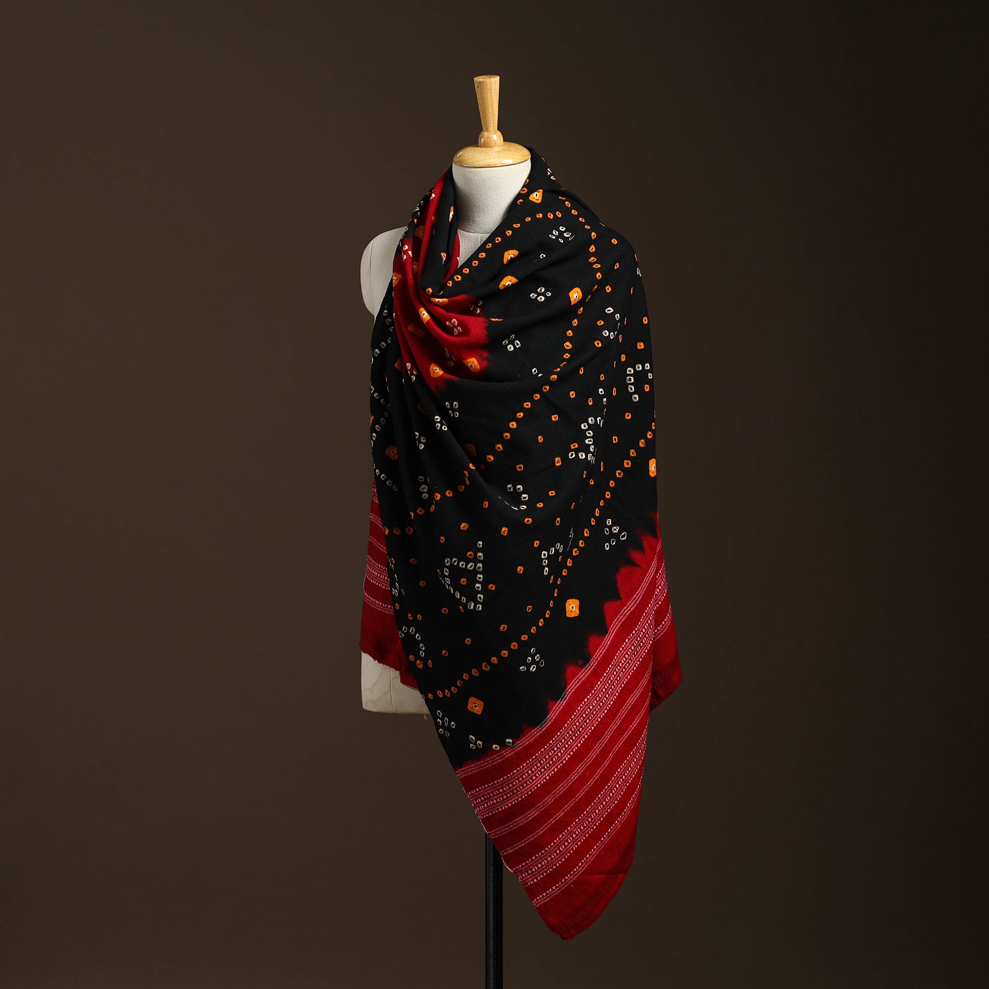Black Kutch Handwoven Merino Wool Bandhani Tie-Dye Shawl