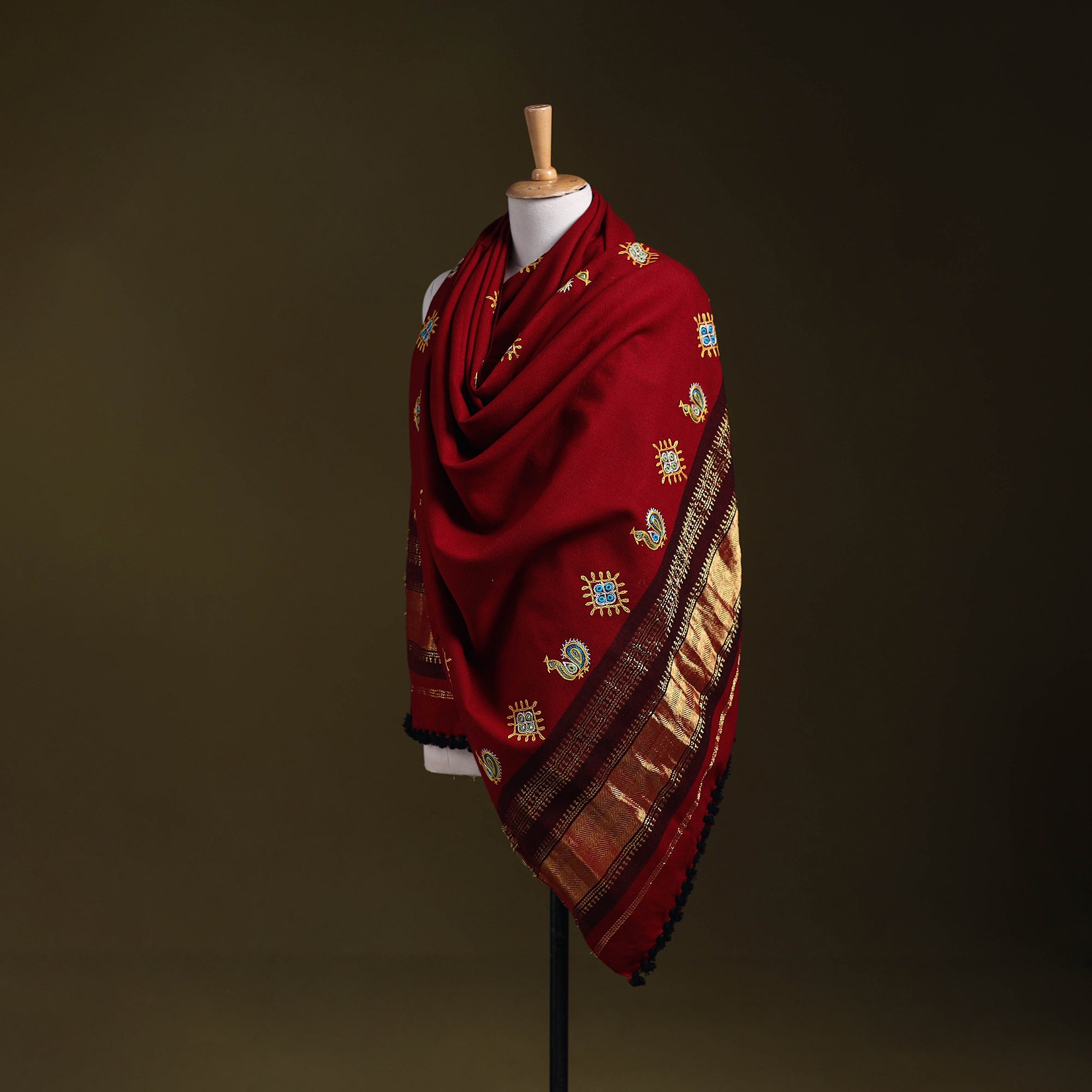 Red Kutch Ahir Hand Embroidery Mirror Work Woollen Shawl