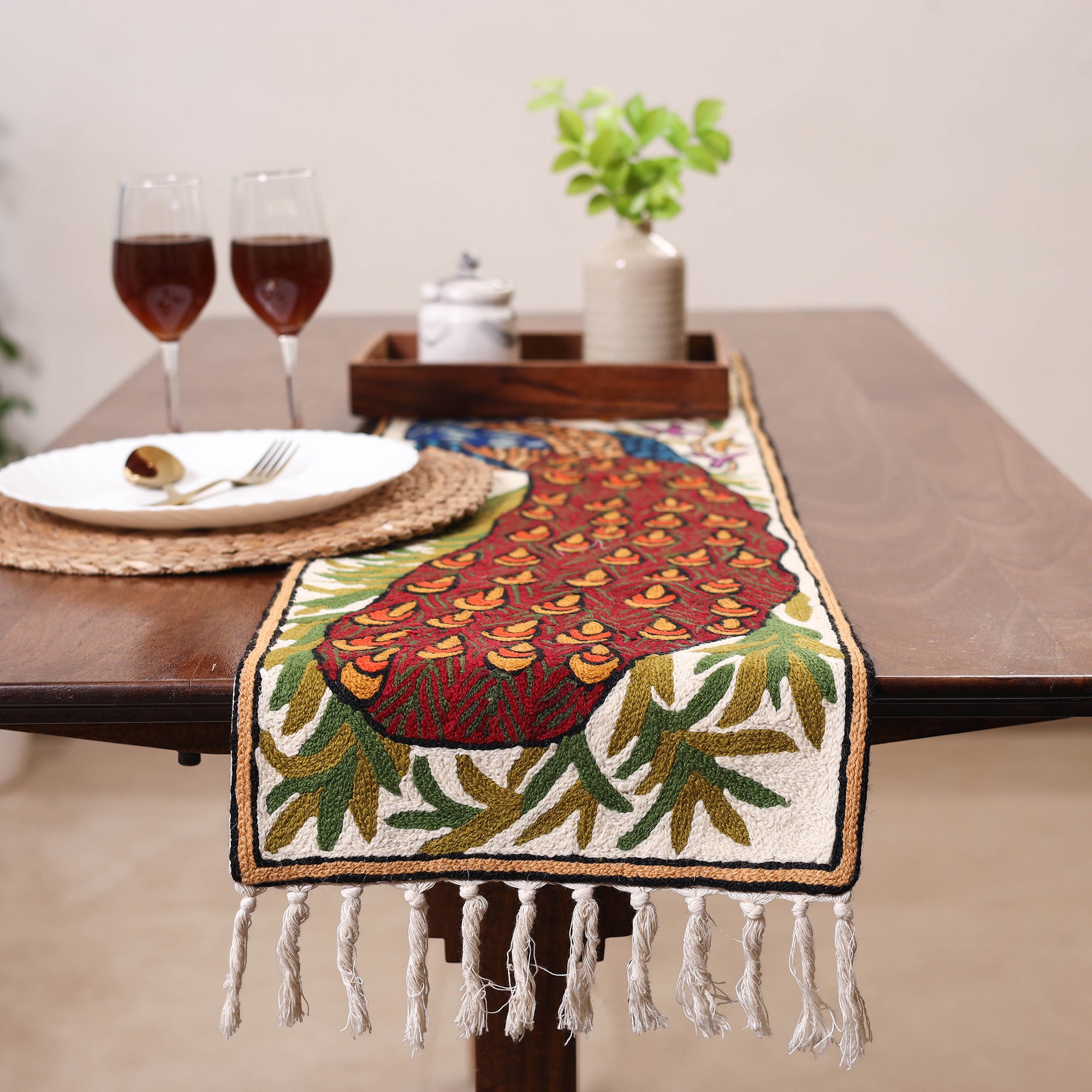 Red Original Crewel Wool Hand Embroidery Table Runner