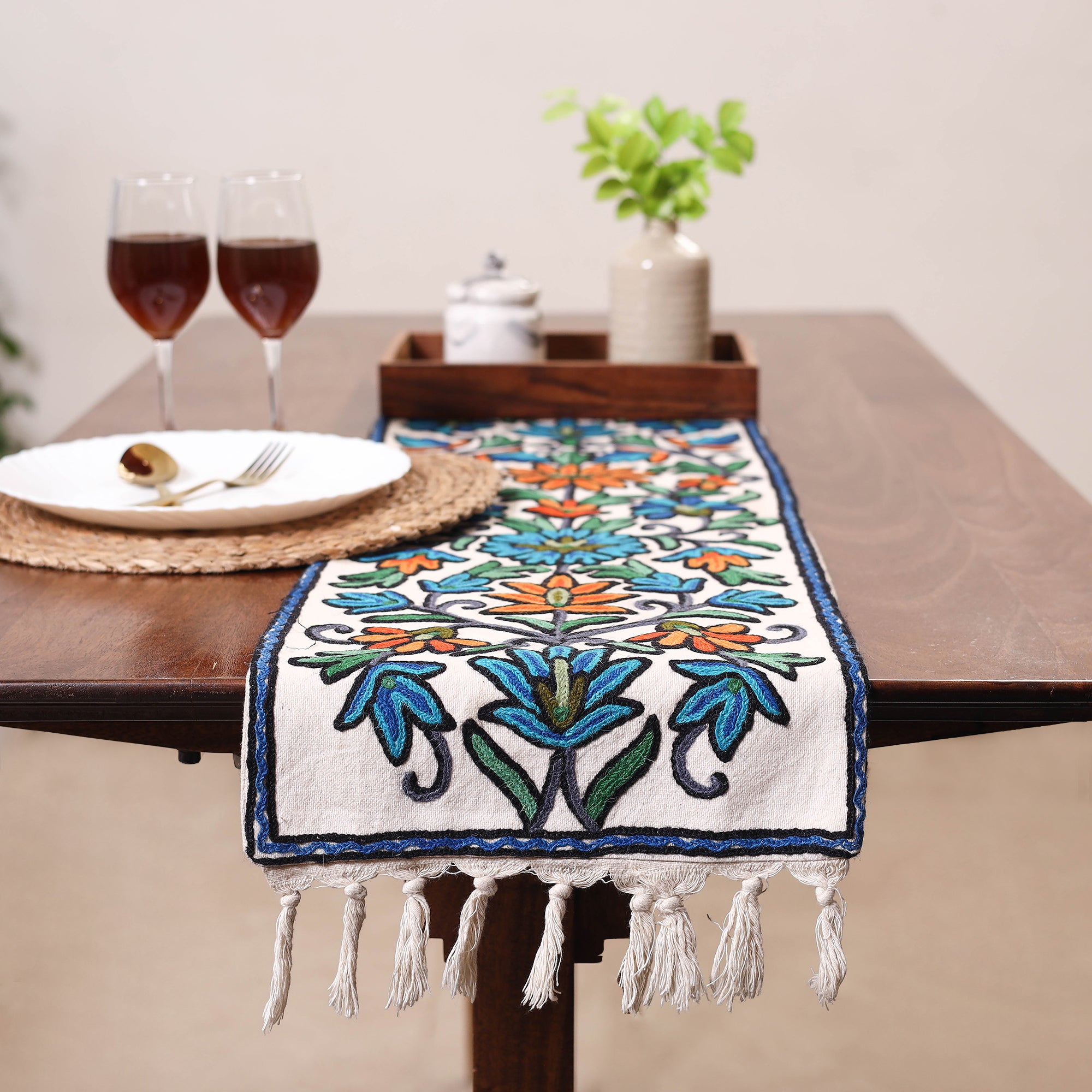Blue Original Crewel Wool Hand Embroidery Table Runner