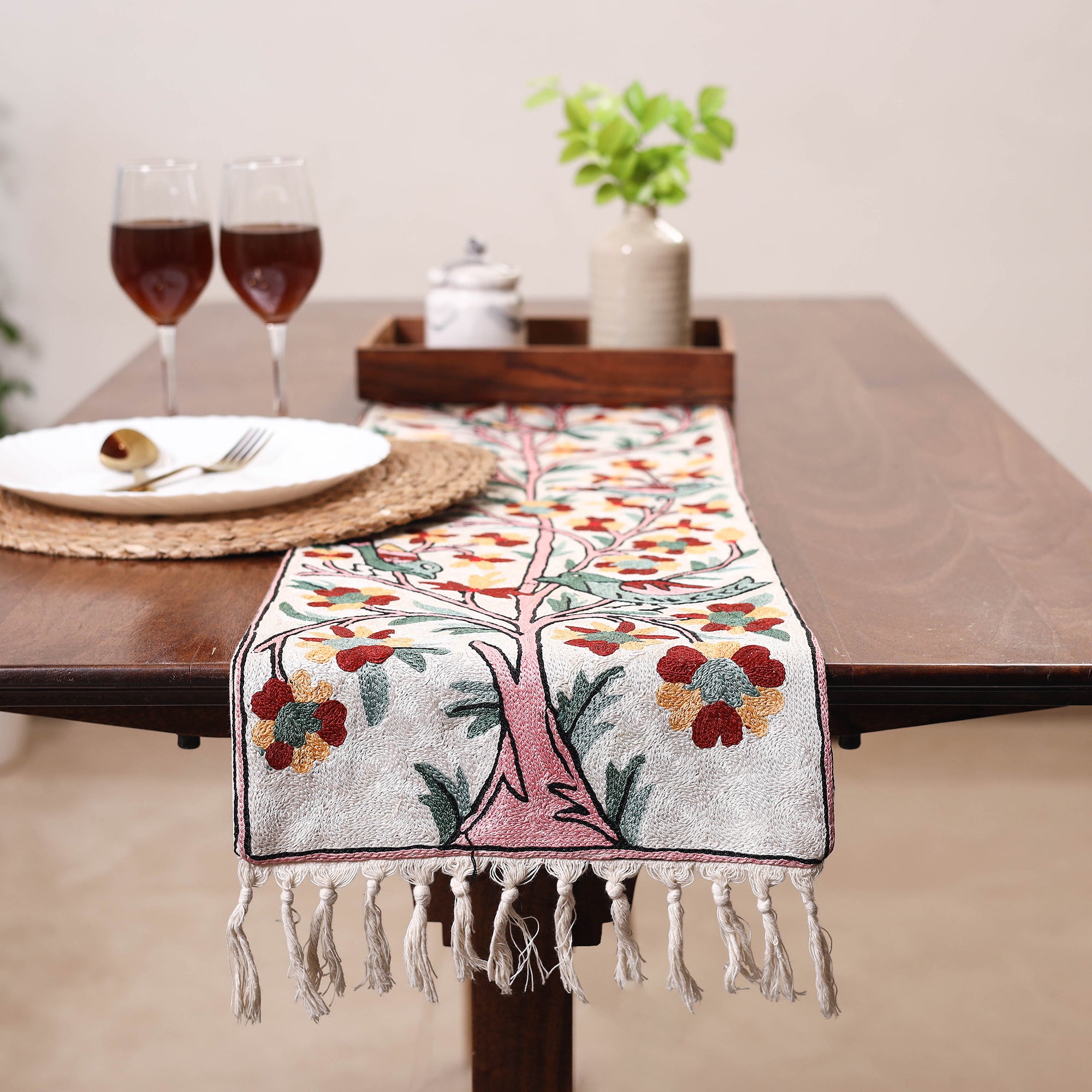 White Original Mulberry Silk Crewel Hand Embroidery Table Runner
