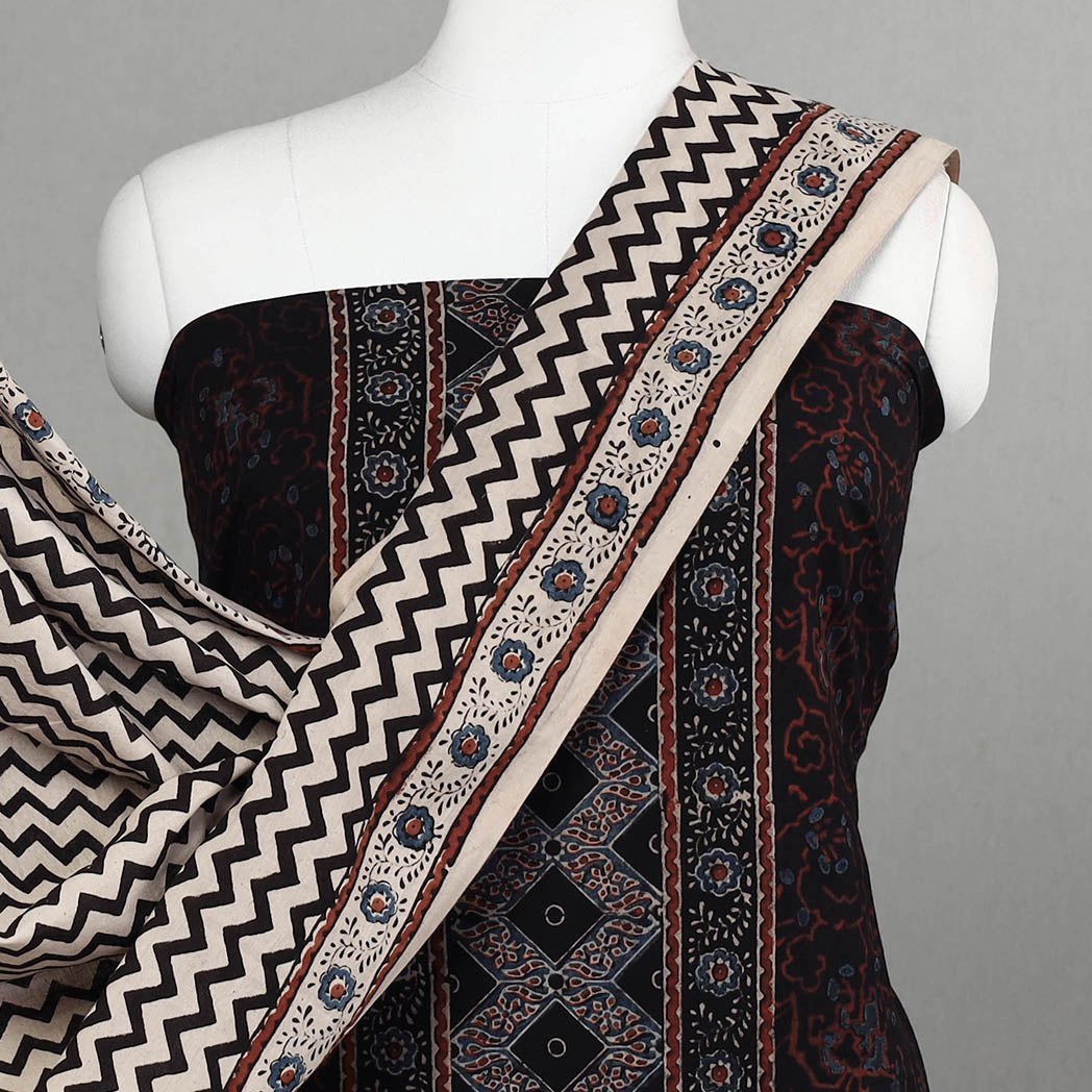 Buy 3pc Block Print Natural Dyed Ajrakh Dress Material – iTokri आई.टोकरी