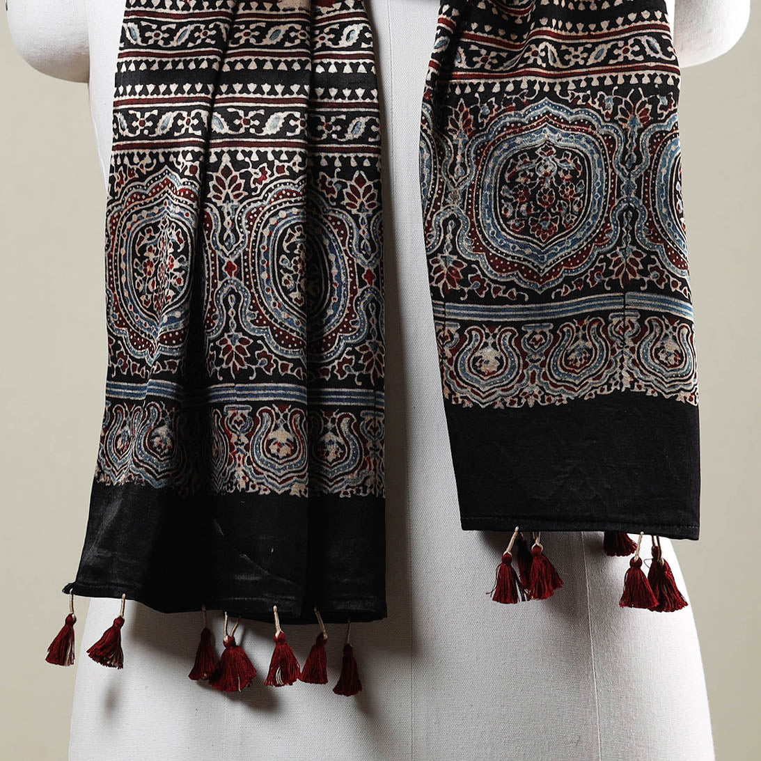 Buy Ajrakh Hand Block Printed Mashru Silk Stole with Tassels Online at ...