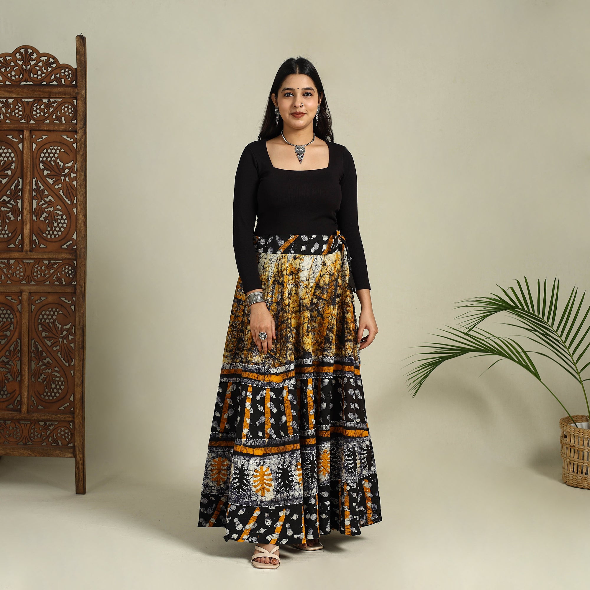 Black Hand Batik Print Running Stitch Cotton Long Skirt