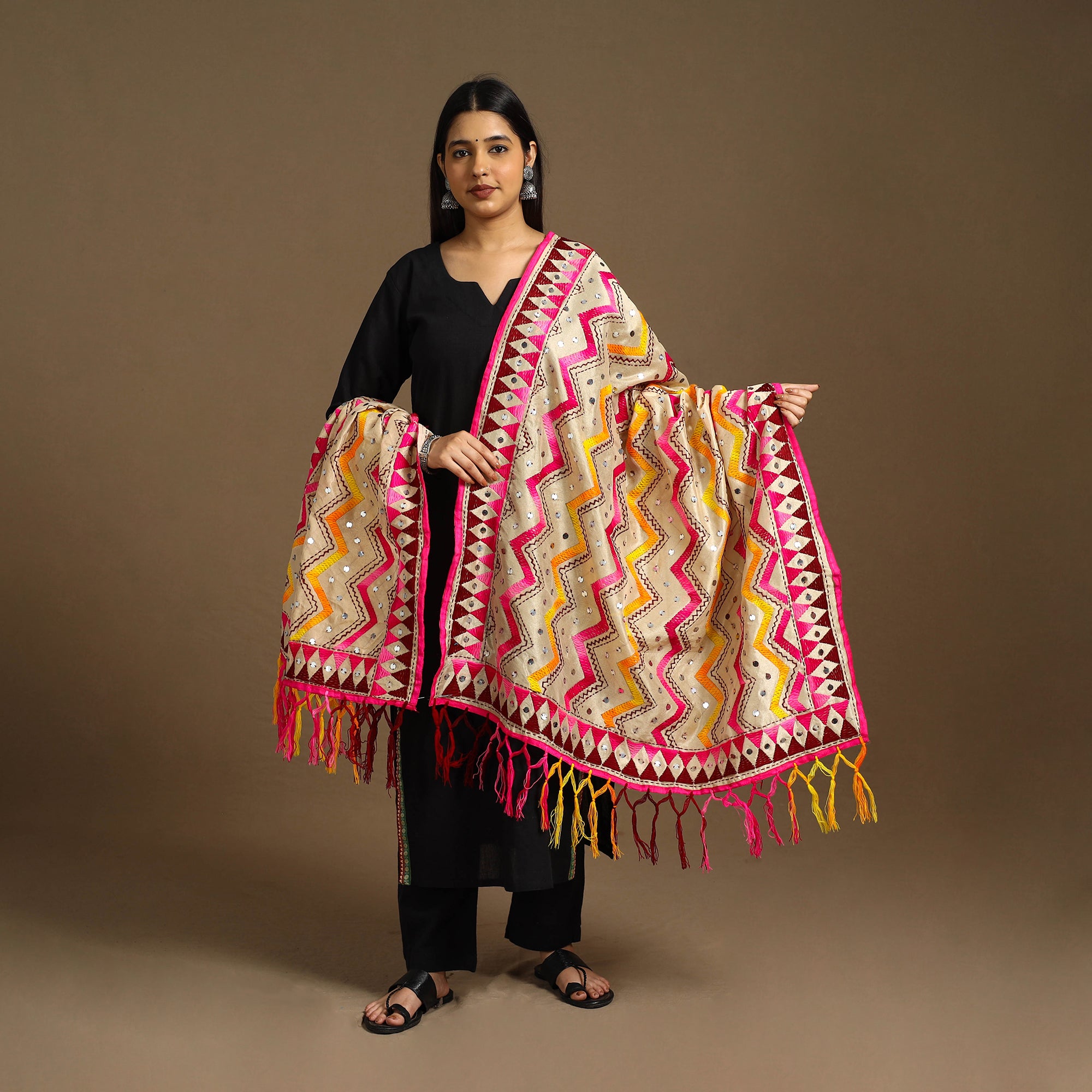 Buy Multicolor Ranihati Chanderi Silk Zig Zag Hand Embroidery Dupatta ...