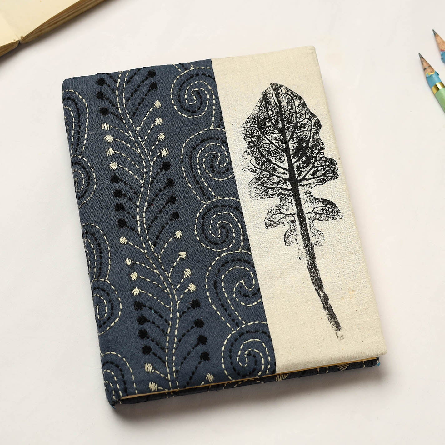 Grey Handmade Paper Notebook with Eco Leaf Print Kantha Work – iTokri ...