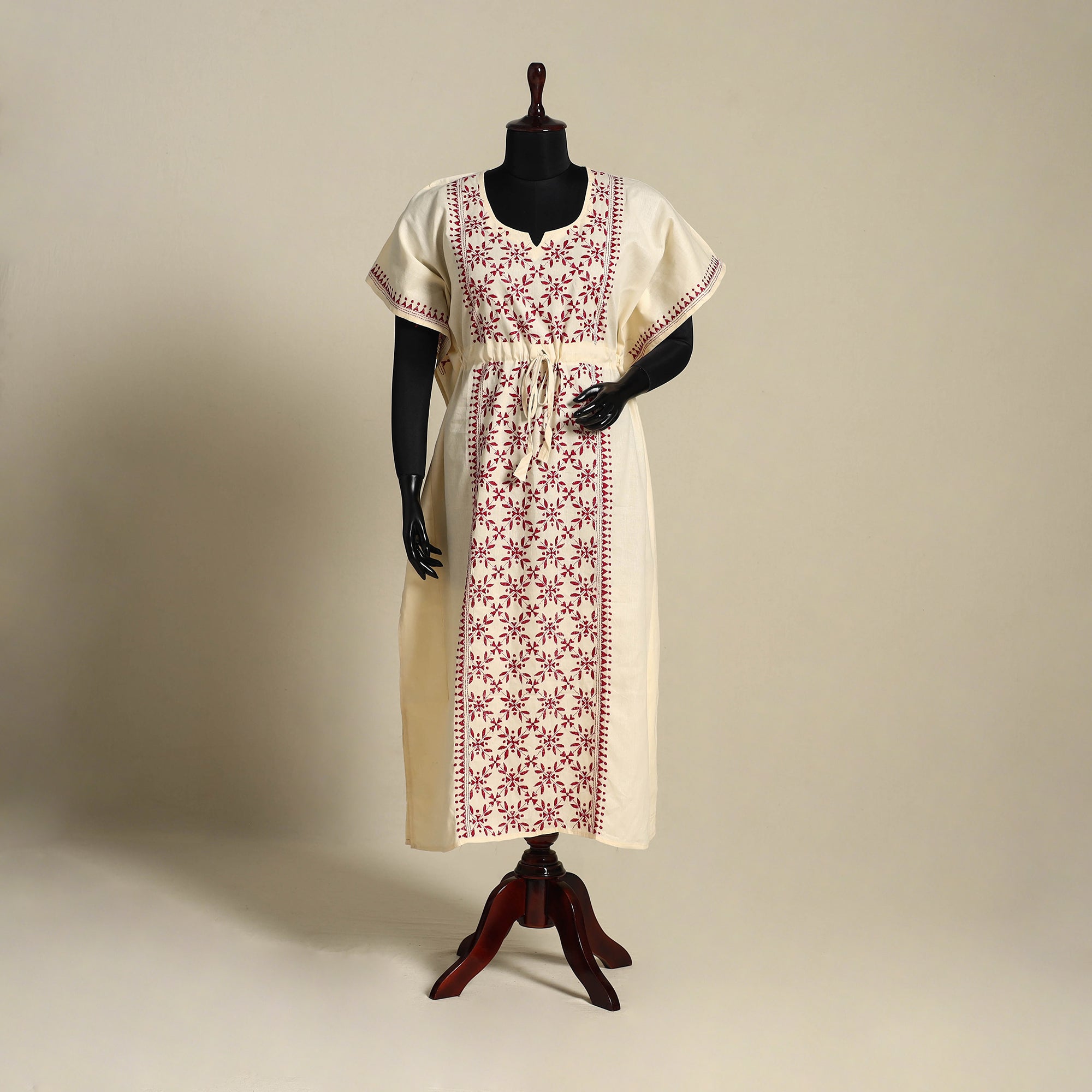 Beige Bengal Kantha Hand Embroidery Cotton Kaftan (Long)