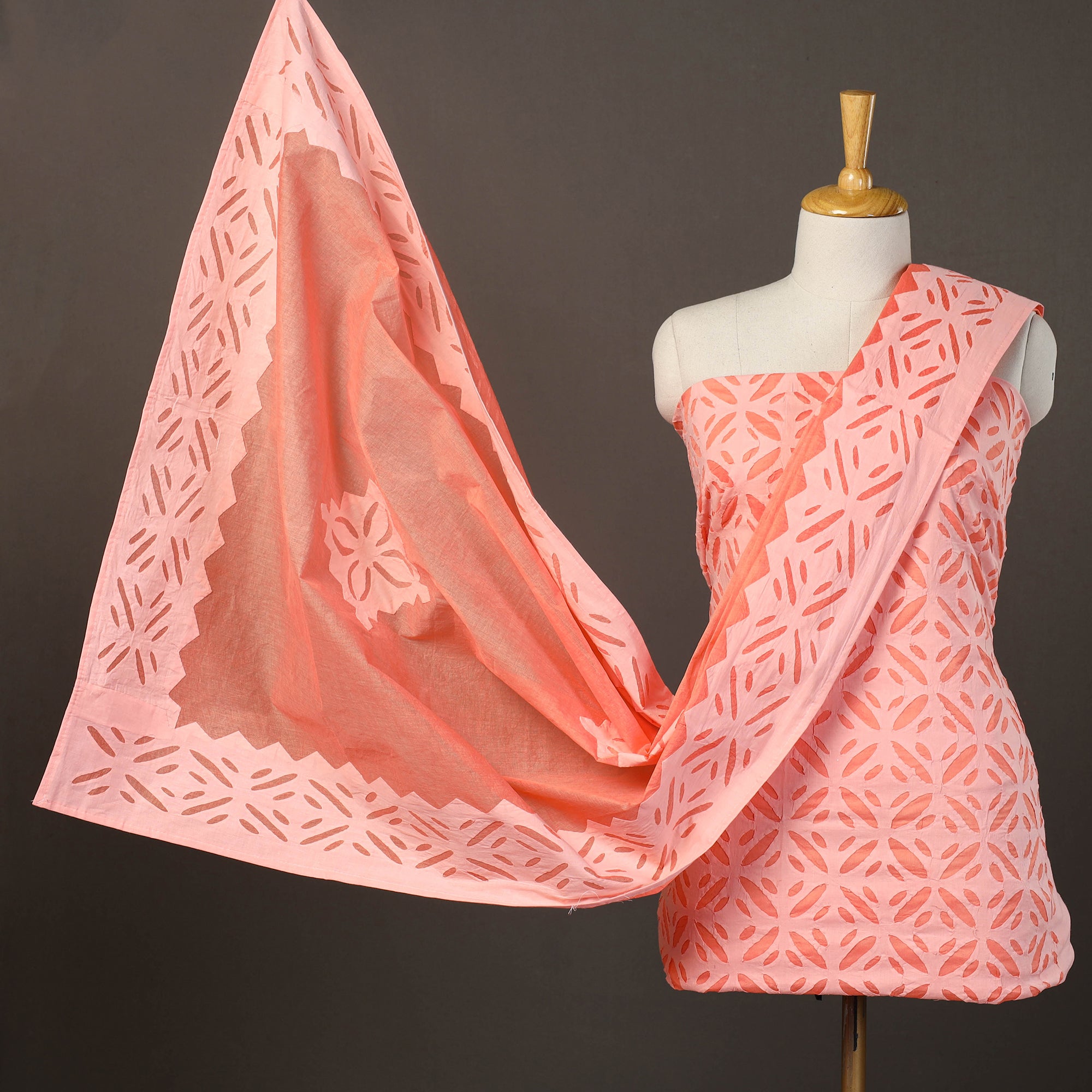 Buy Peach 3pc Cut Work Cotton Barmer Applique Dress Material – iTokri ...