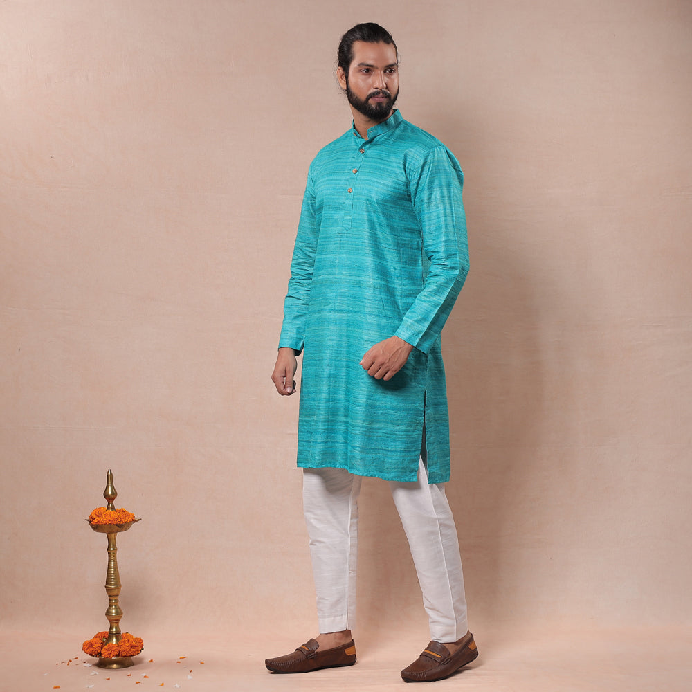 Aqua Blue - Men Tussar Ghicha Silk Handloom Long Kurta