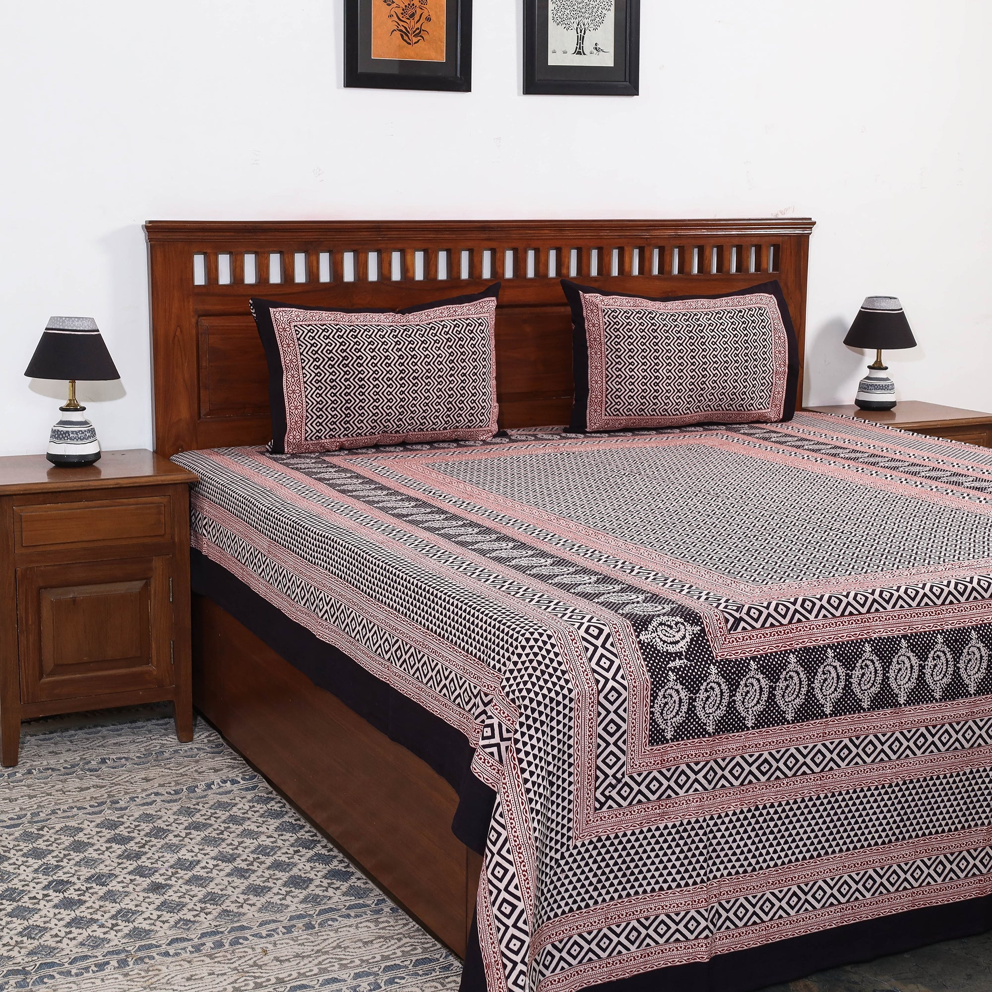 Bagh Block Printed Cotton Double Bed Cover with Pillow Covers