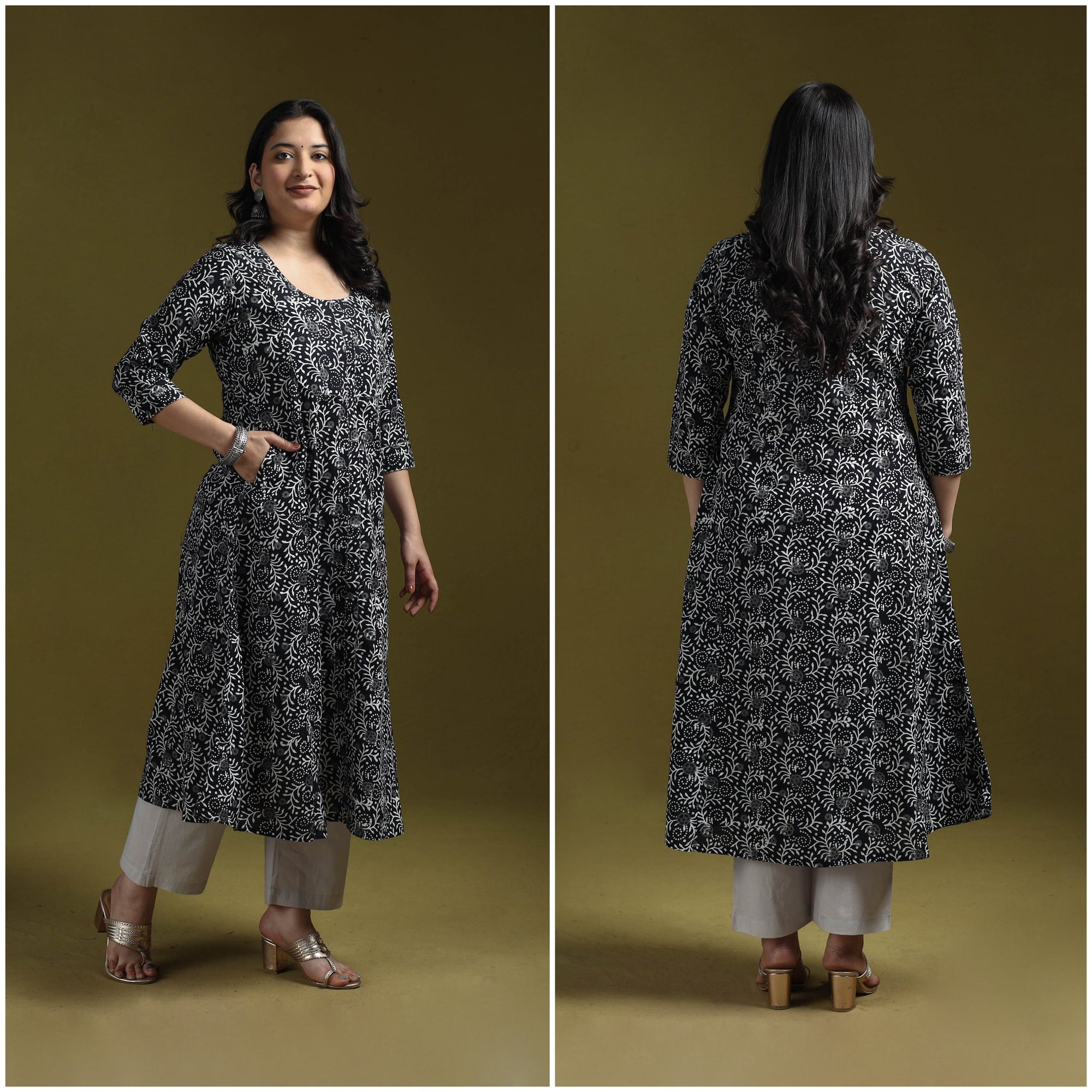 Black Bagru Hand Block Print Syahi Begar Hand Embroidered Cotton A-Line ...