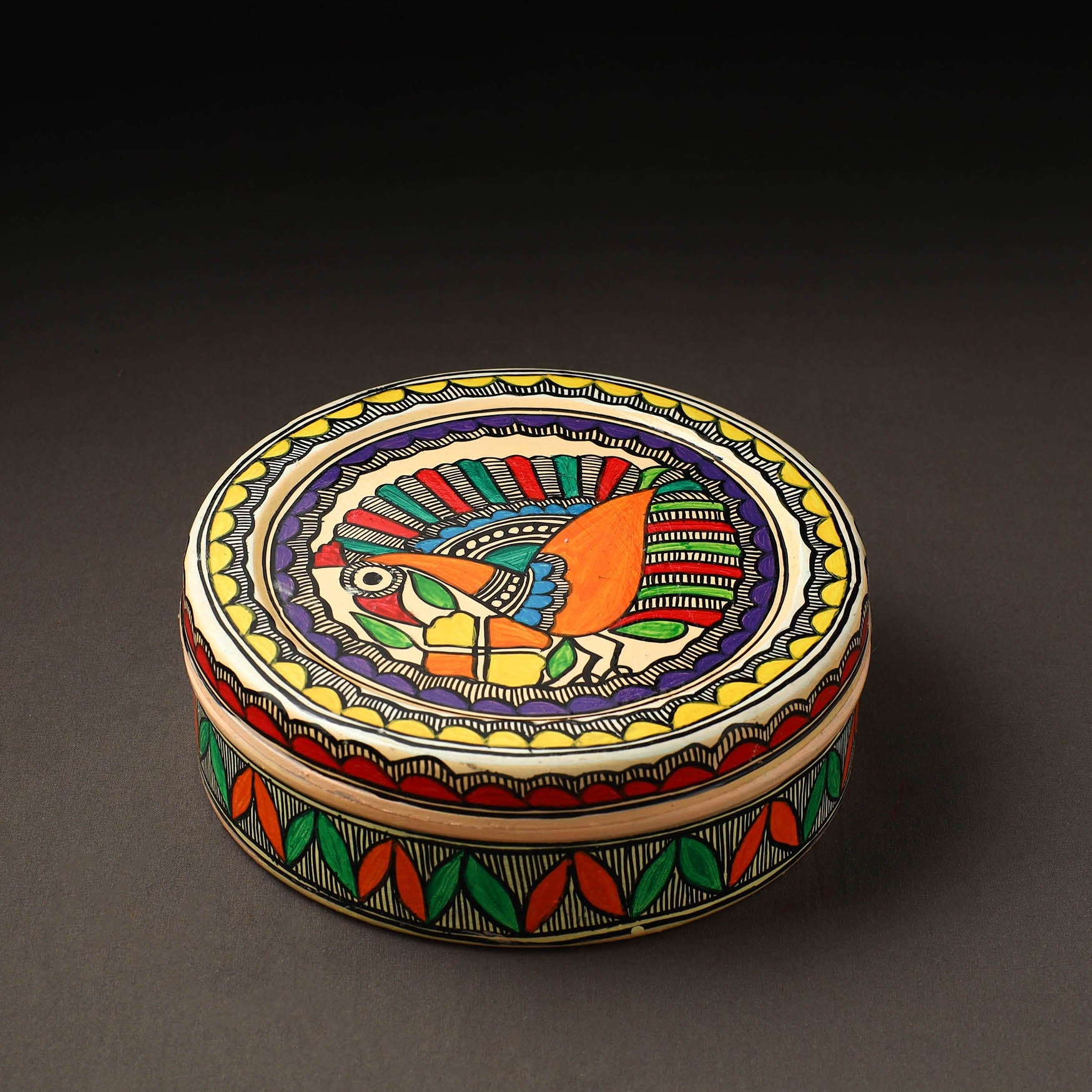 Beige Godna Madhubani Handpainted Stainless Steel Casserole