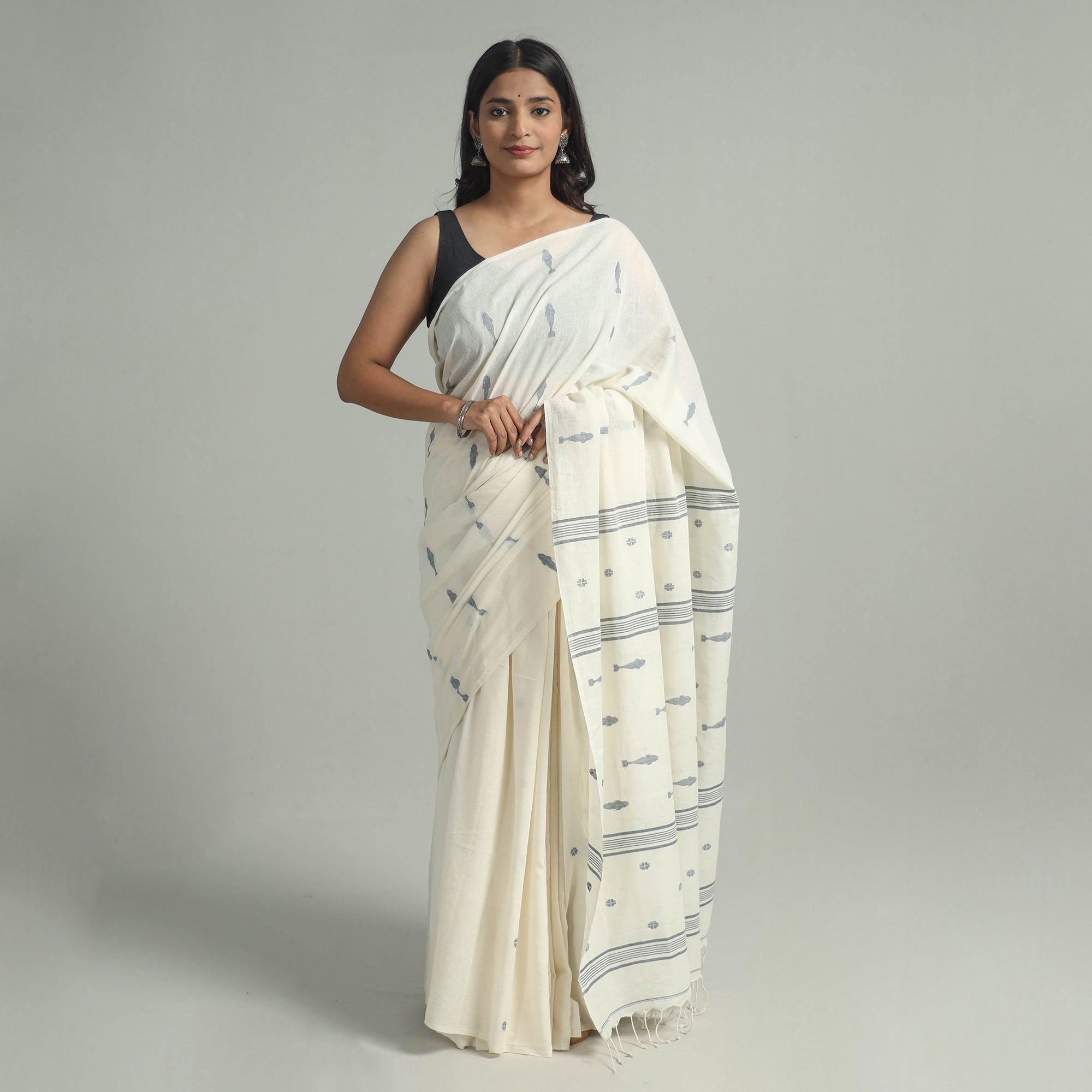 Beige Handloom Cotton Phulia Jamdani Saree with Tassels