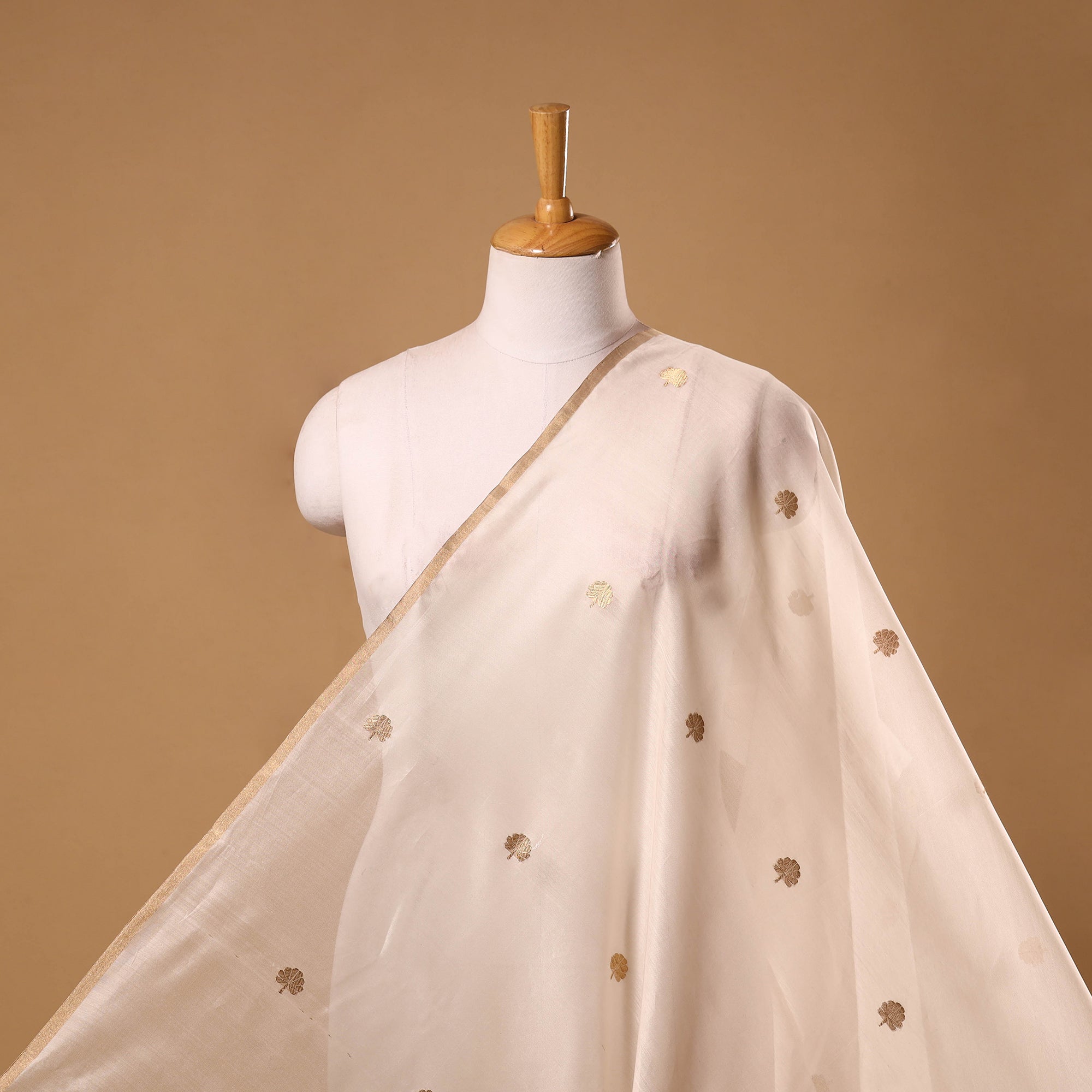 Beige Handloom Zari Buti Chanderi Silk Fabric