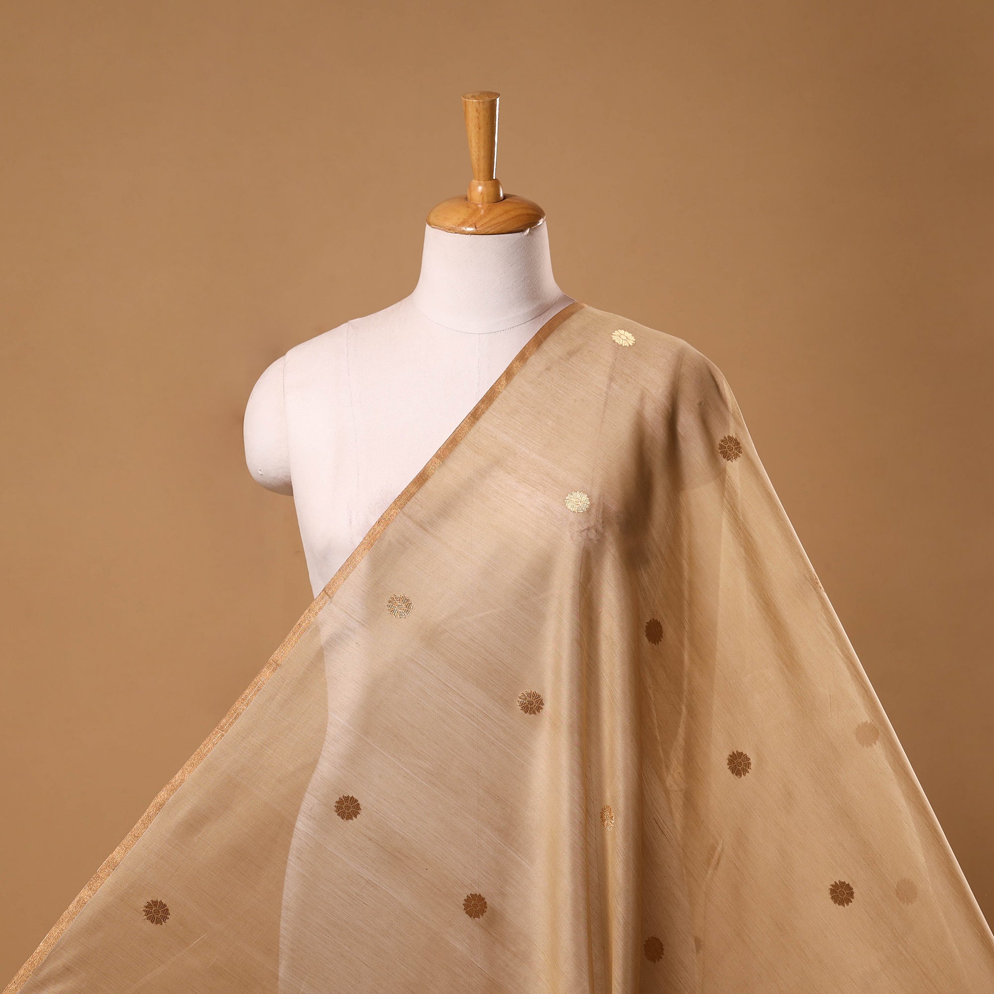 Beige Handloom Zari Buti Chanderi Silk Fabric