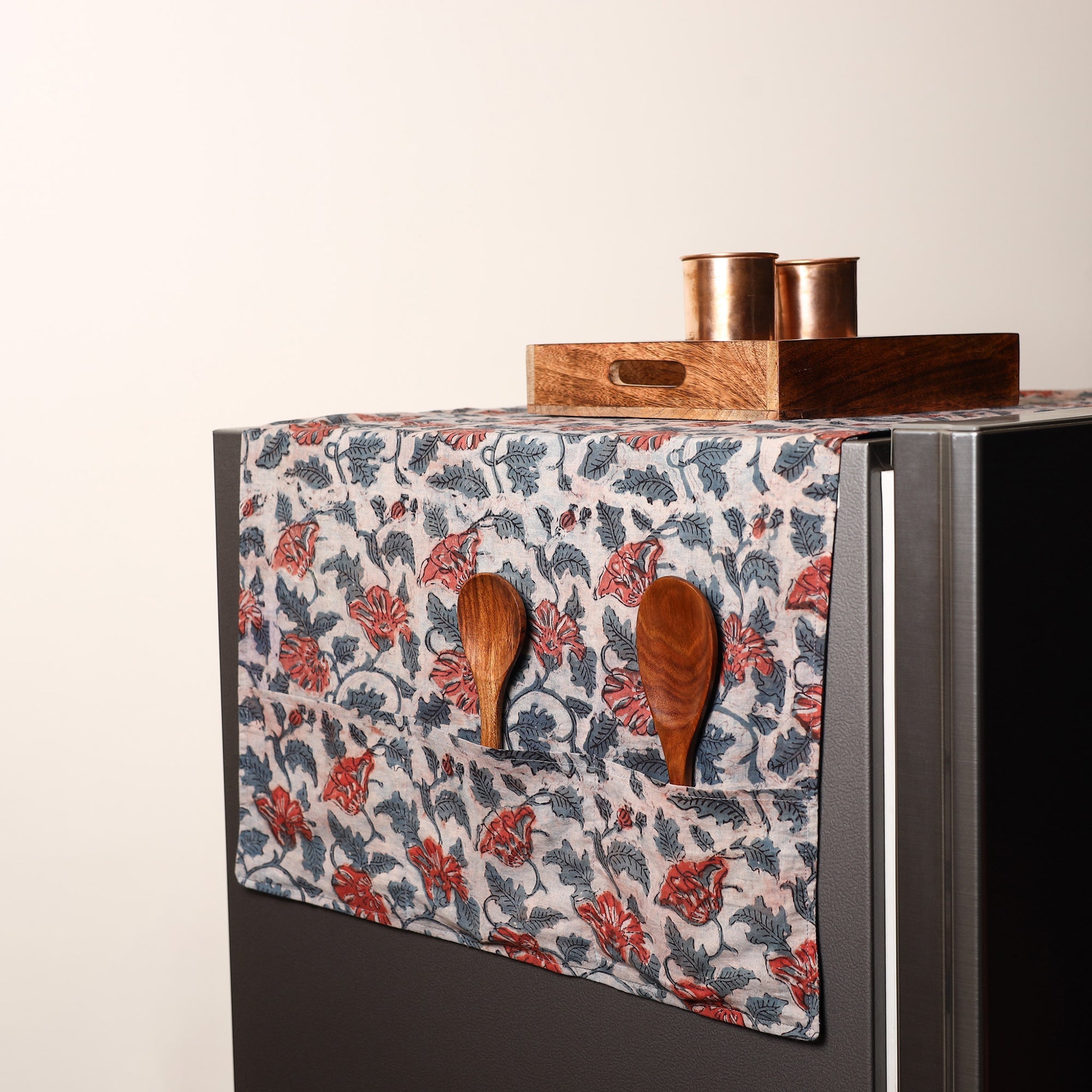 Beige Handmade Cotton Fridge Top Cover with Multiple Pockets