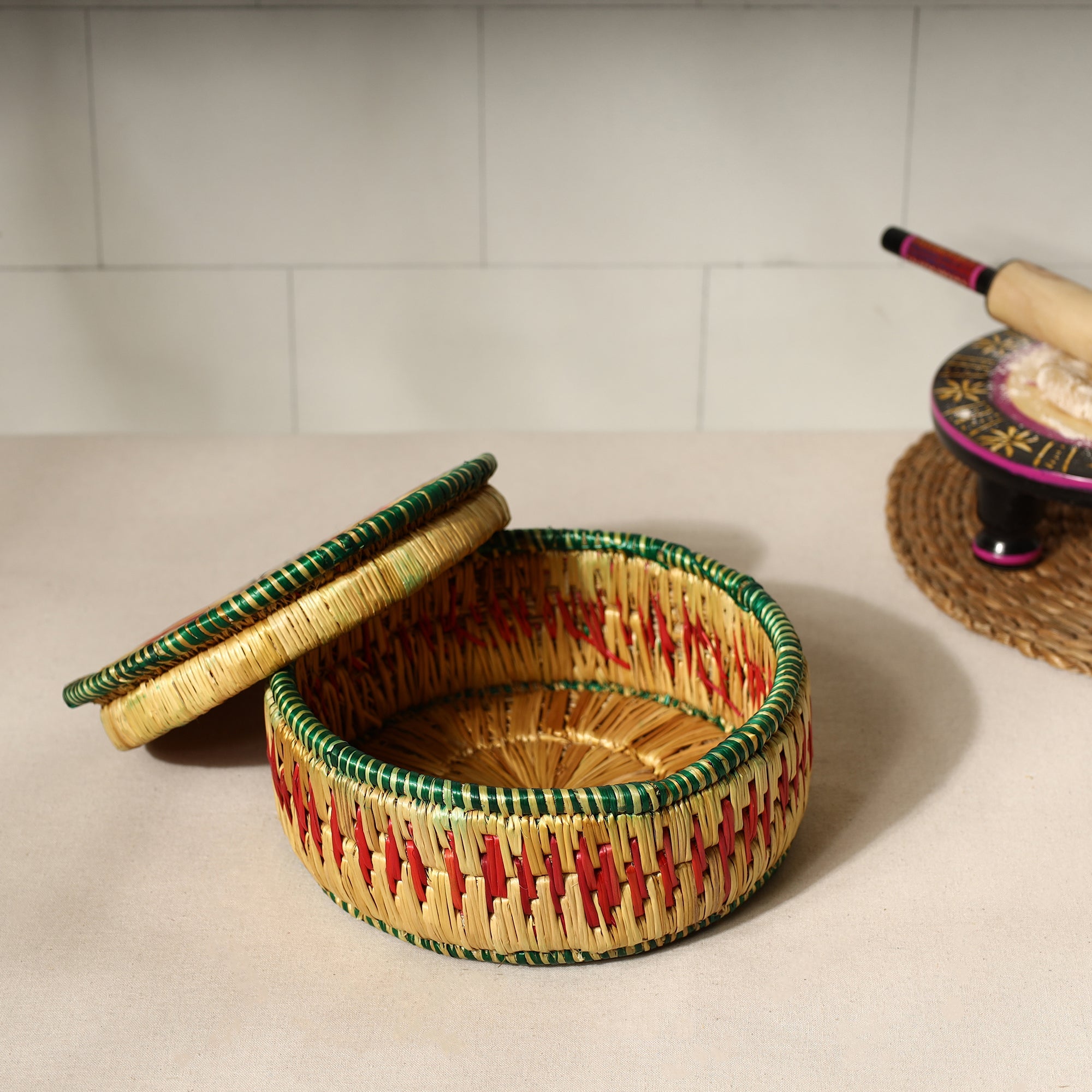 Beige Handmade Sikki Grass Roti Box