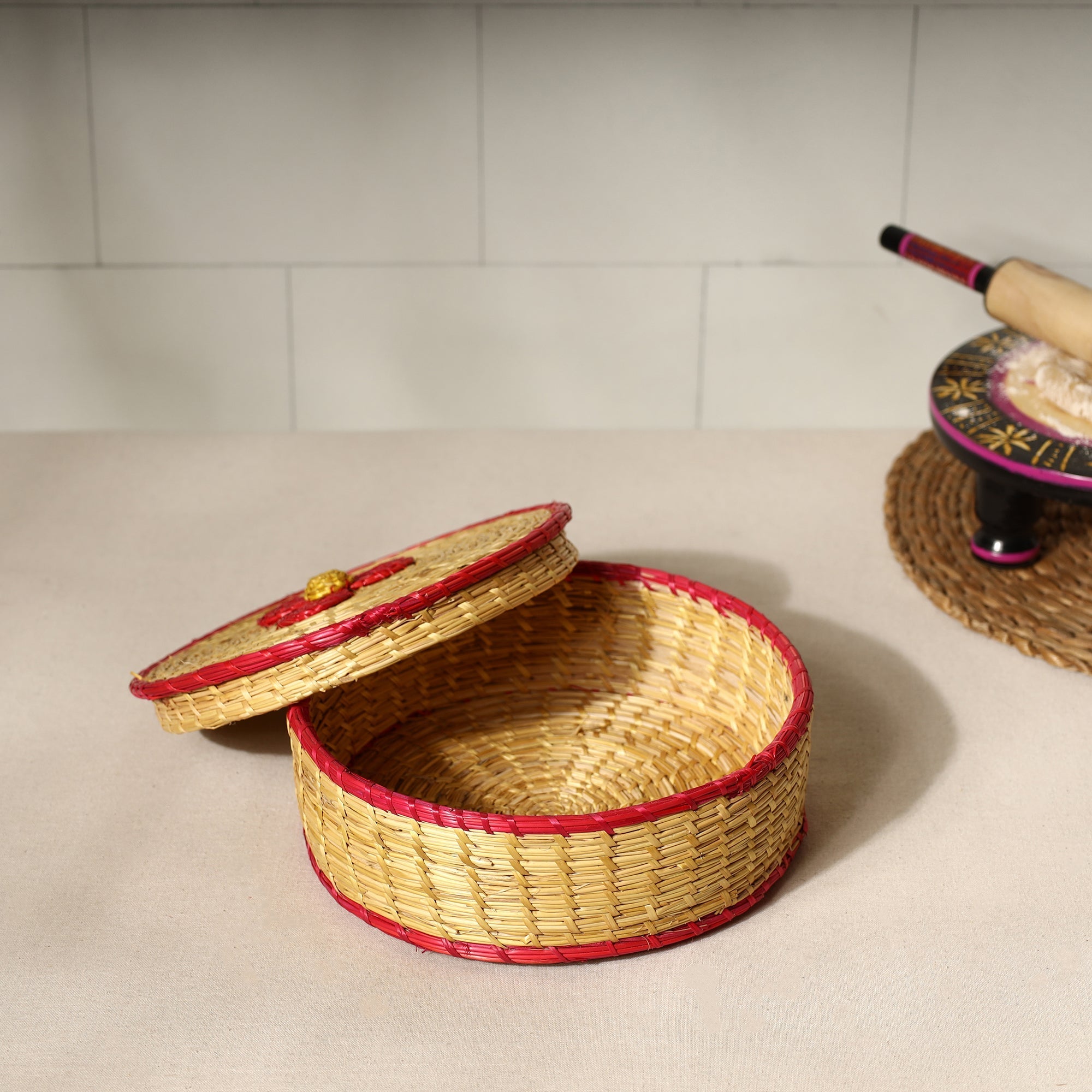 Beige Handmade Sikki Grass Roti Box