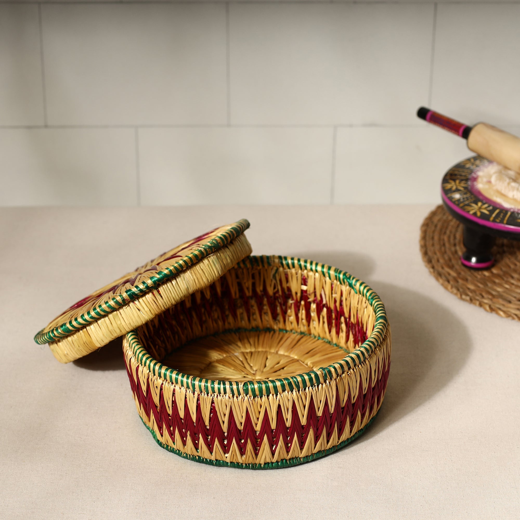 Beige Handmade Sikki Grass Roti Box