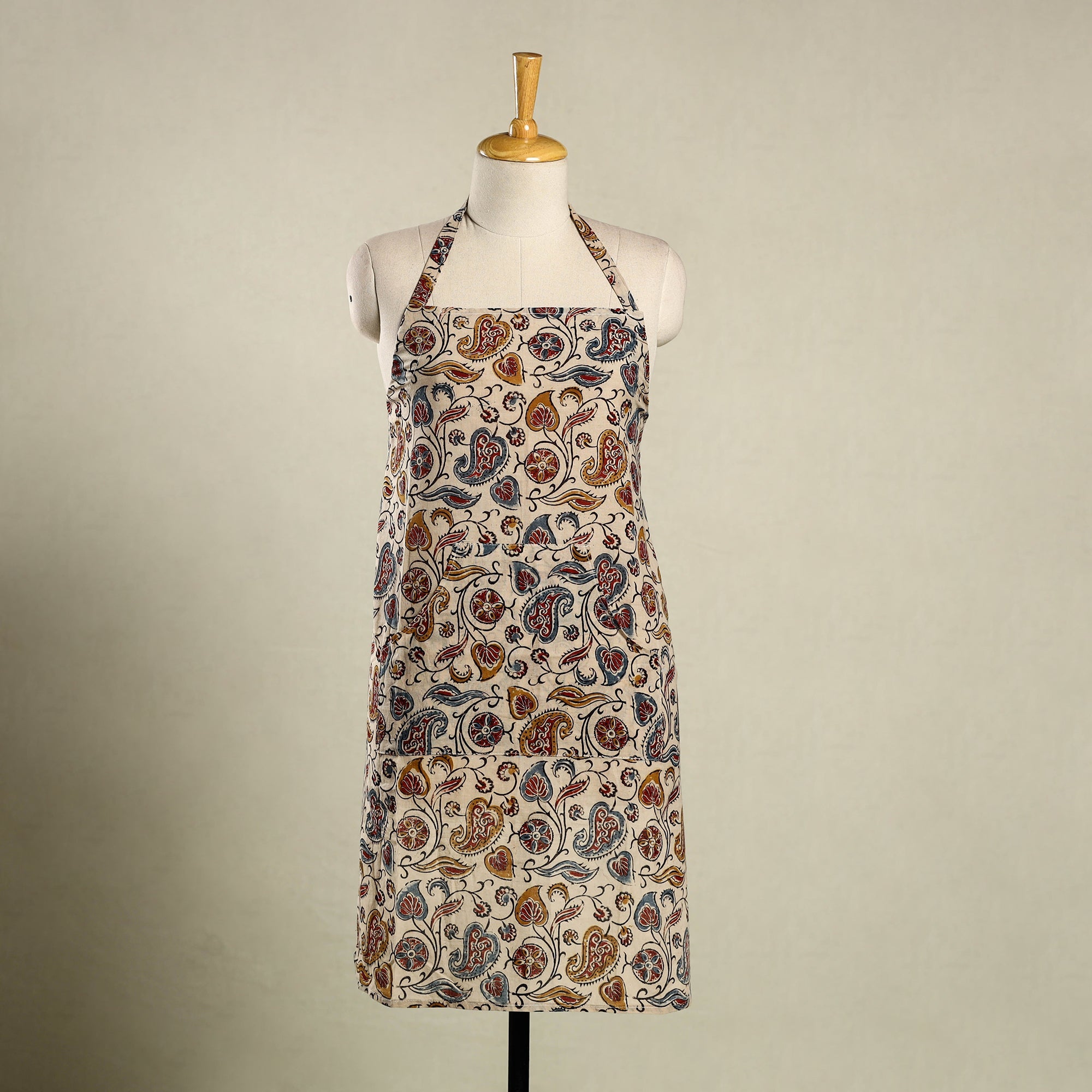 Beige Kalamkari Block Print Cotton Apron with Pocket