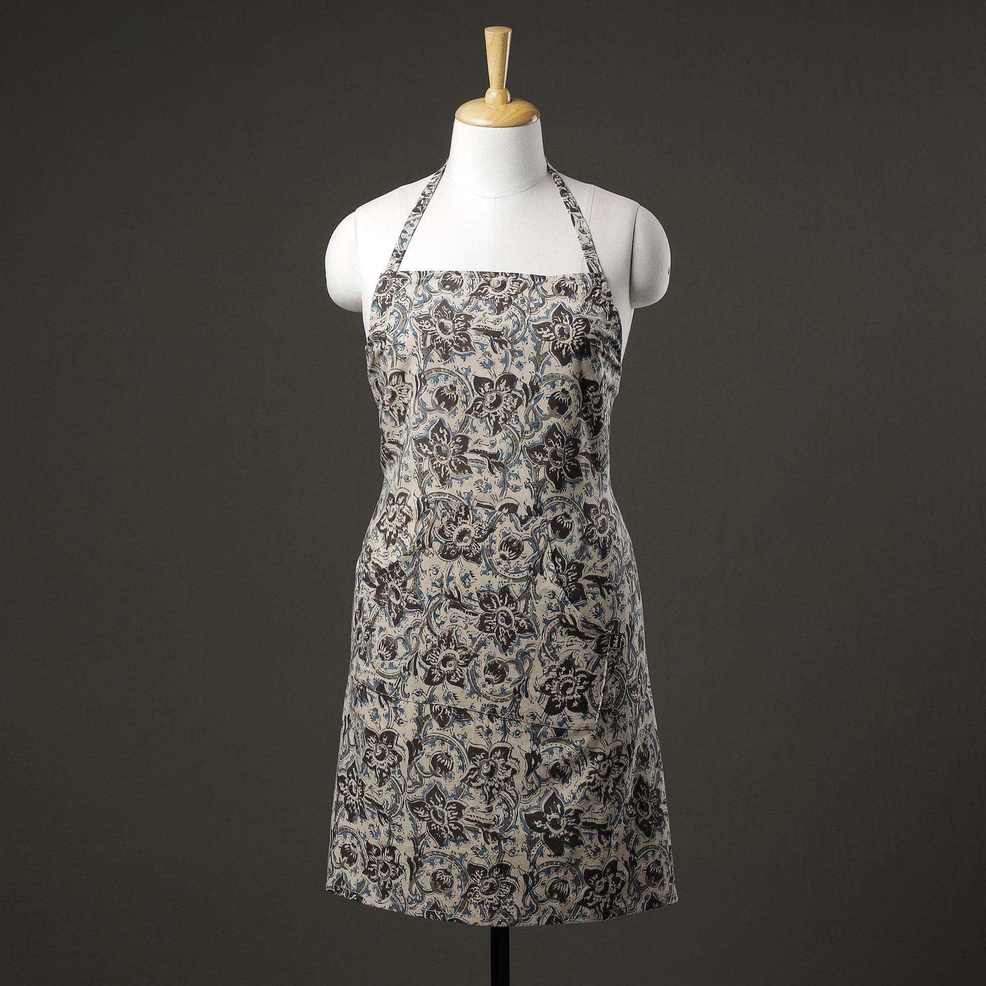 Beige Kalamkari Block Printed Cotton Apron with Pocket