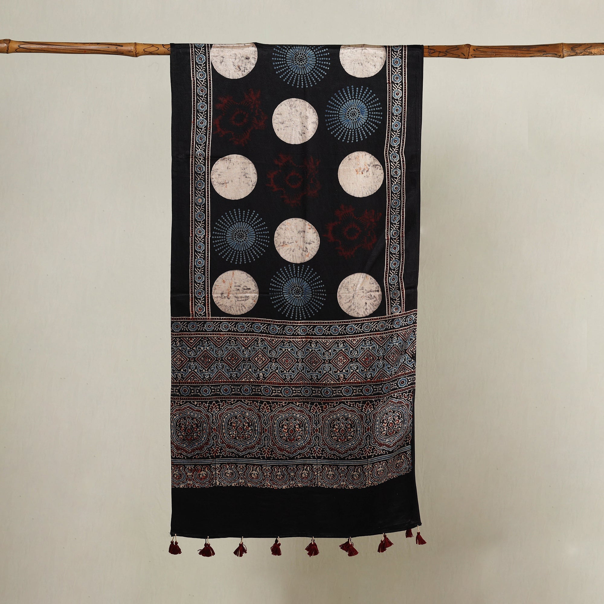 Black Ajrakh Hand Block Printed Mashru Silk Stole with Tassels