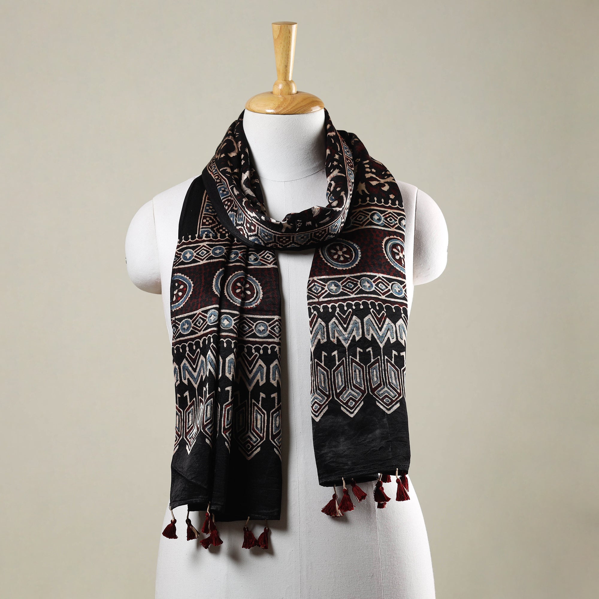 Black Ajrakh Hand Block Printed Mashru Silk Stole with Tassels