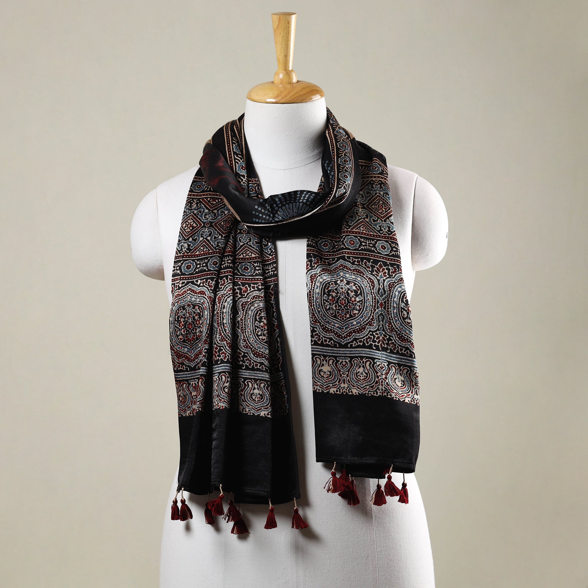 Black Ajrakh Hand Block Printed Mashru Silk Stole with Tassels