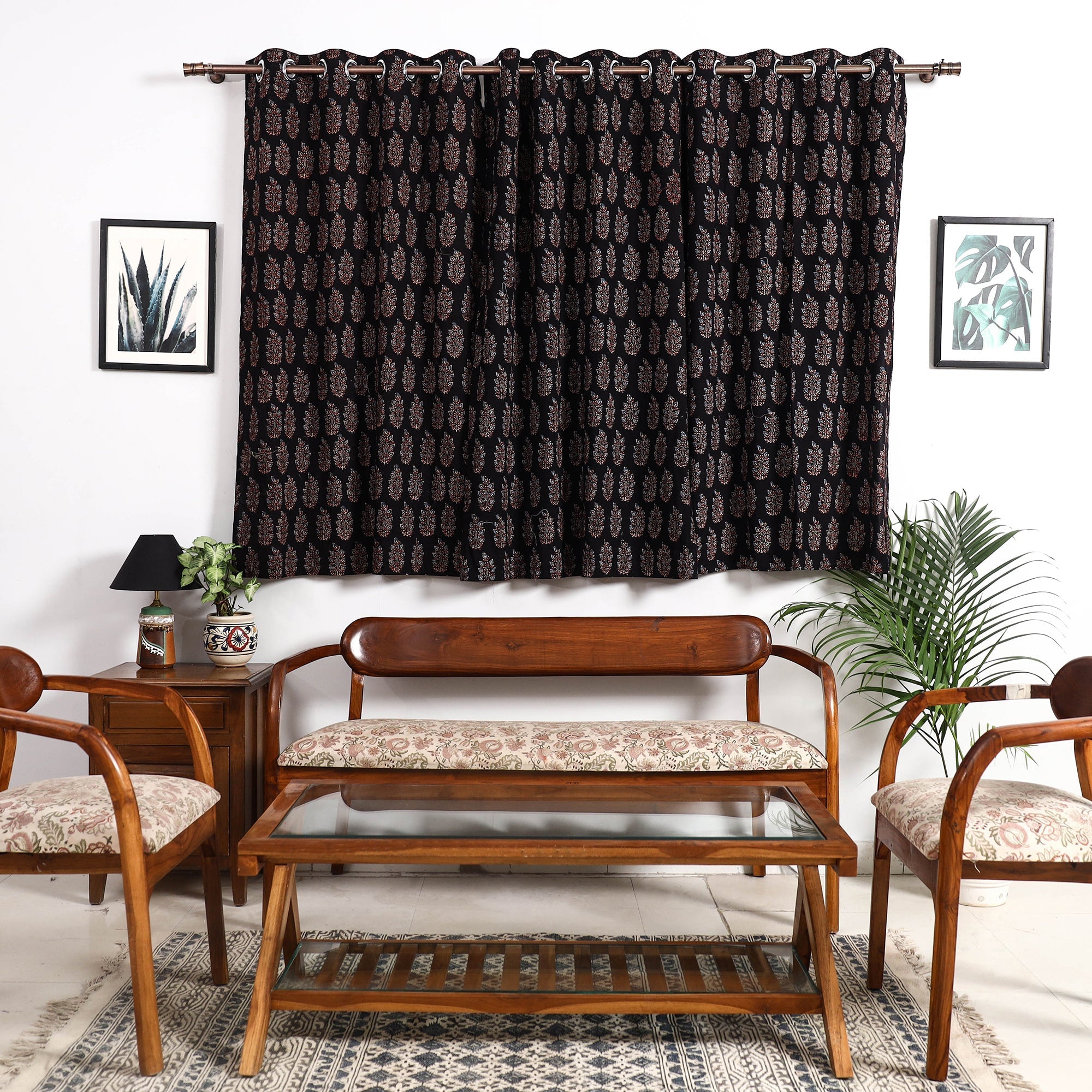 Black Block Print Cotton Window Ajrakh Curtain