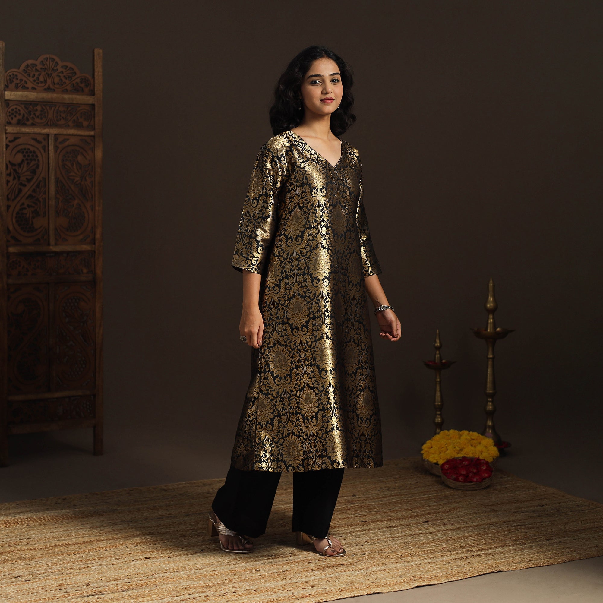 Black Brocade Silk A-Line Banarasi Kurta
