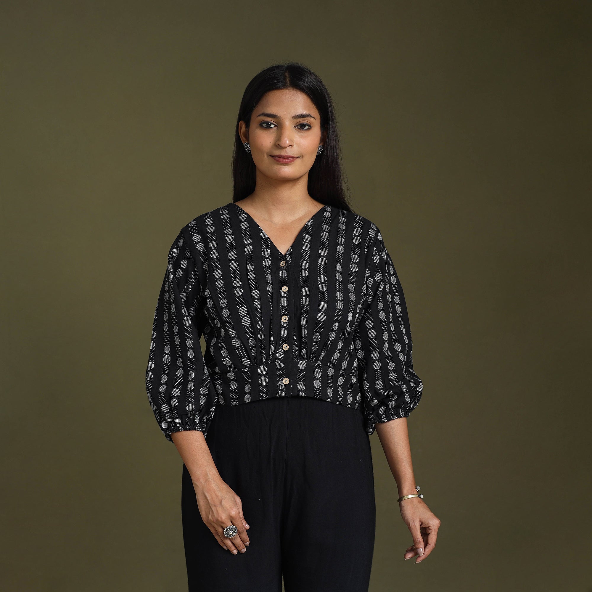 Black Full Sleeve Cotton Jacquard Crop Top