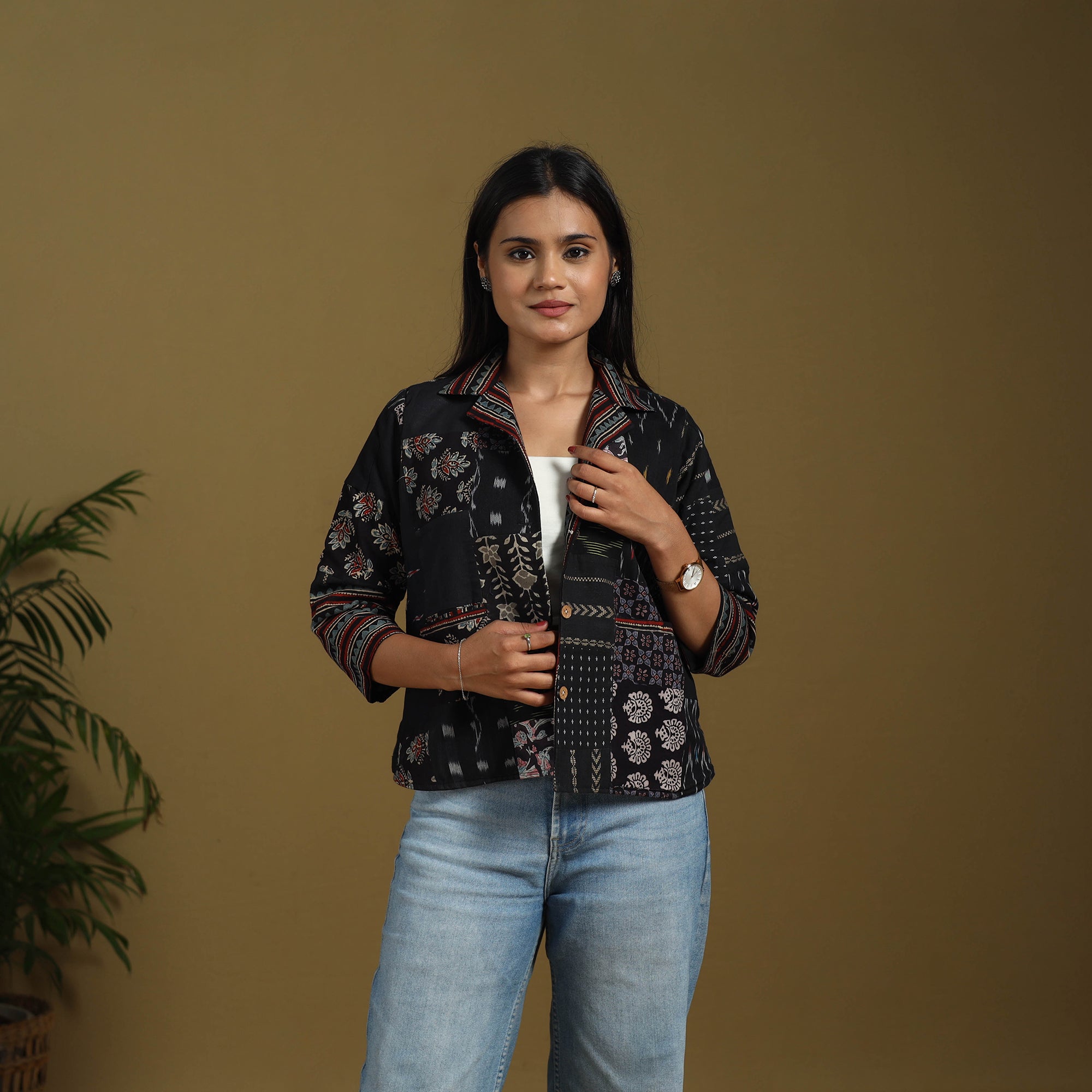 Black Hand-Stitched Mosaic Cotton Women’s Jacket