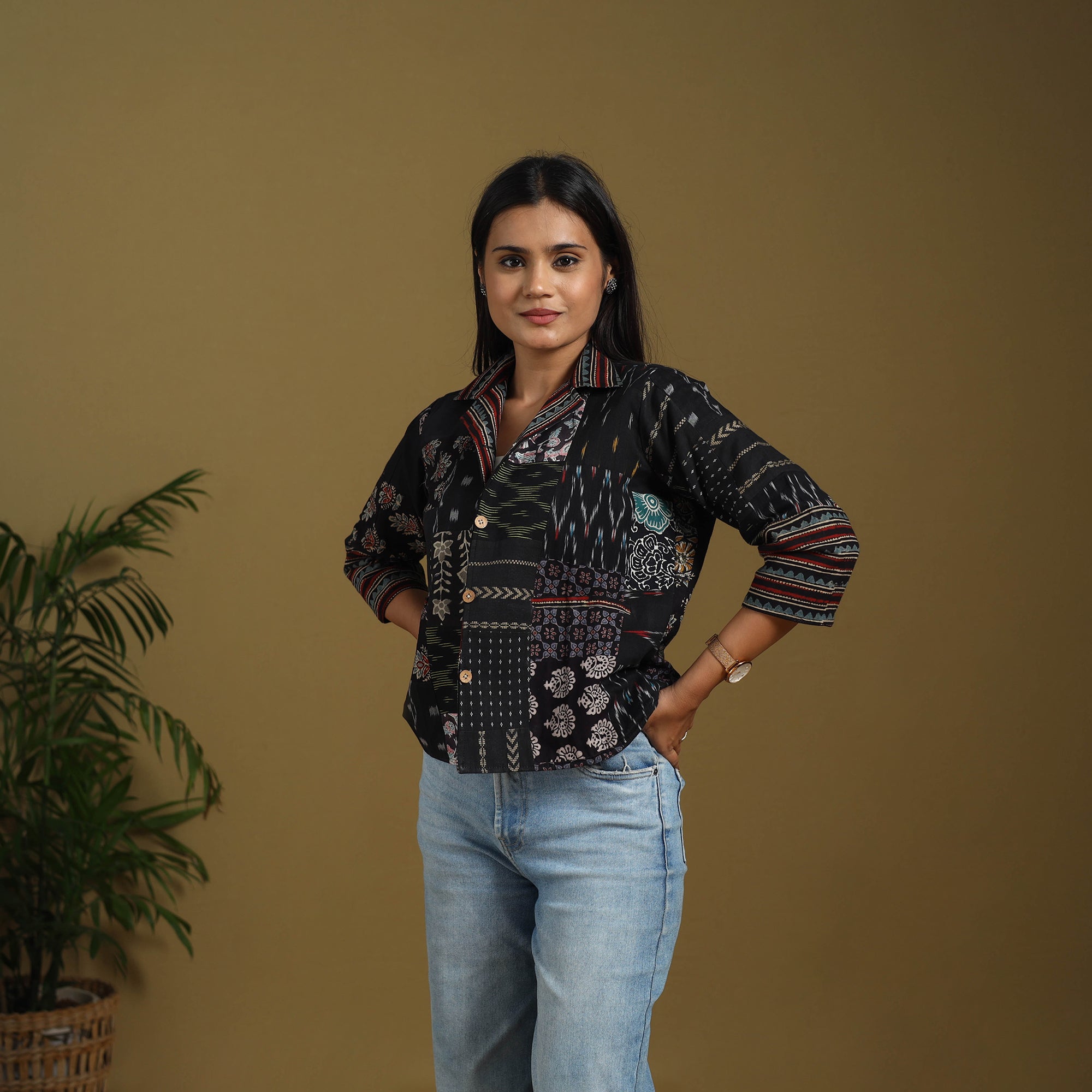 Black Hand-Stitched Mosaic Cotton Women’s Jacket