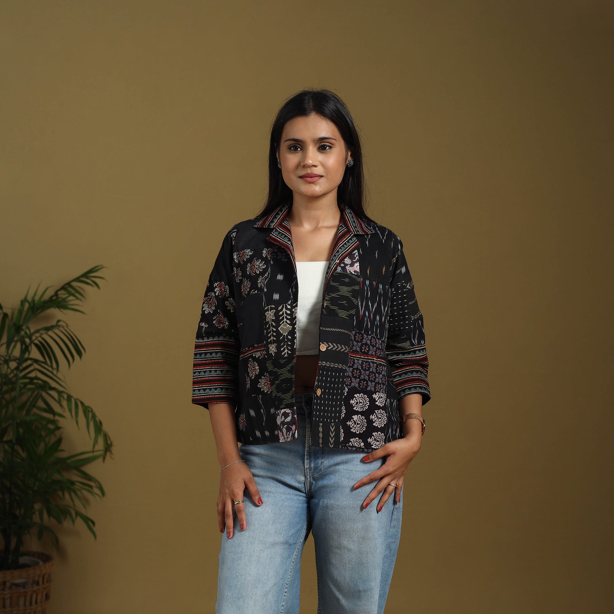 Black Hand-Stitched Mosaic Cotton Women’s Jacket