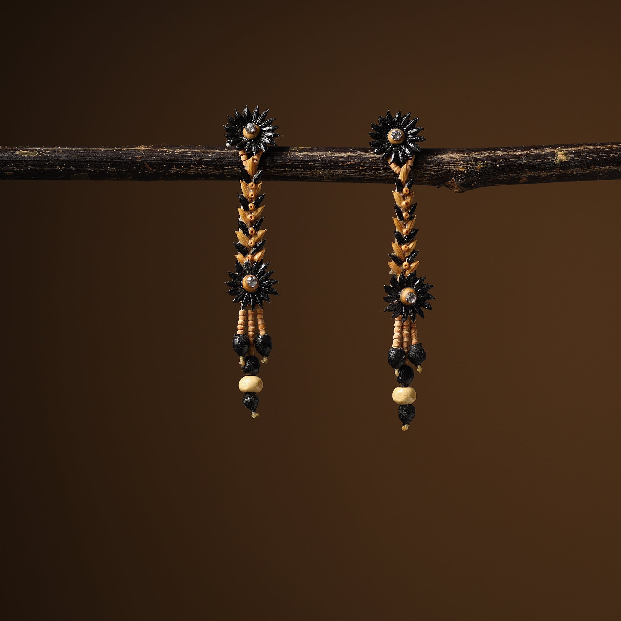 Black Handcrafted Rice Paddy Earrings by Putul Das Mitra Online