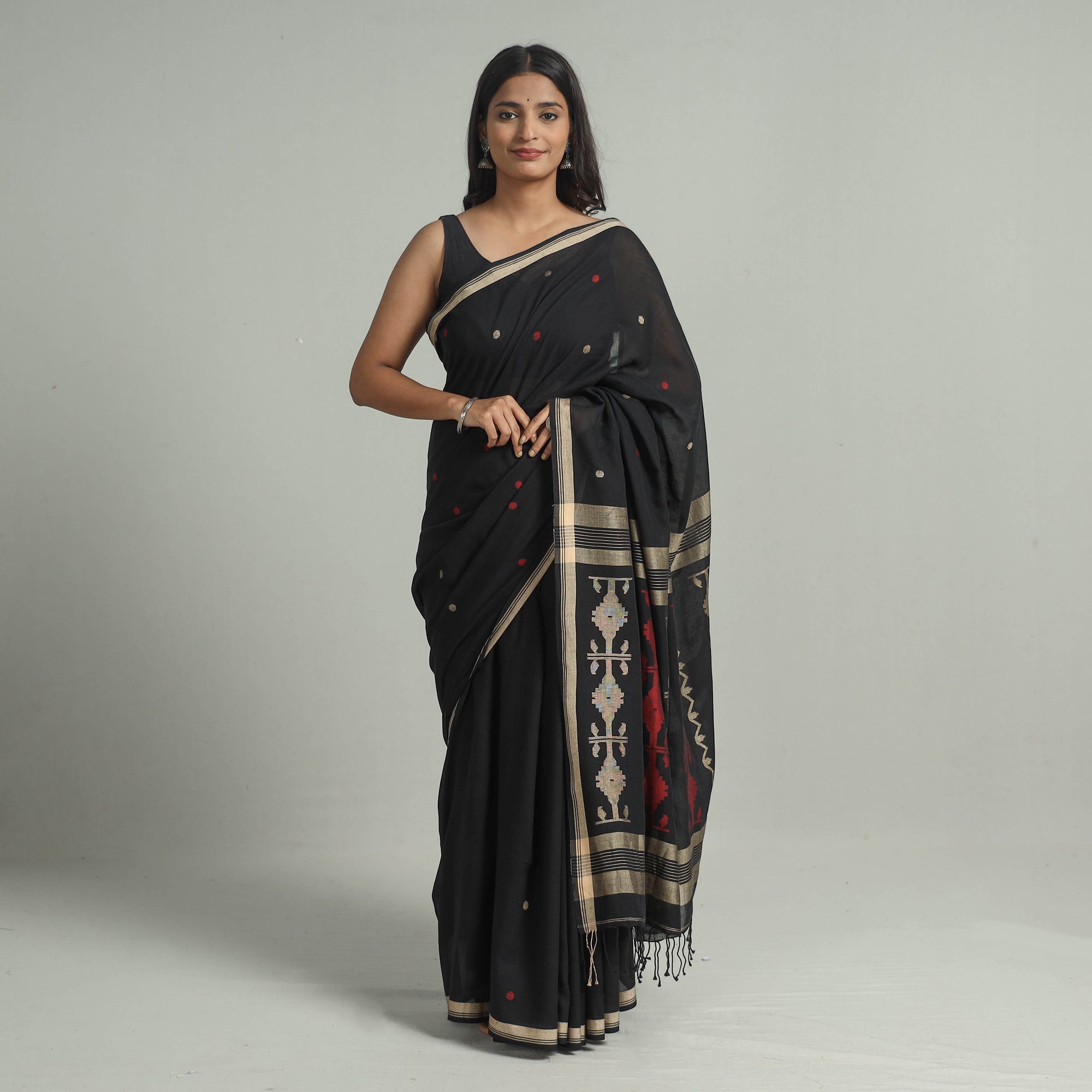 Black Handloom Cotton Phulia Jamdani Saree with Tassels