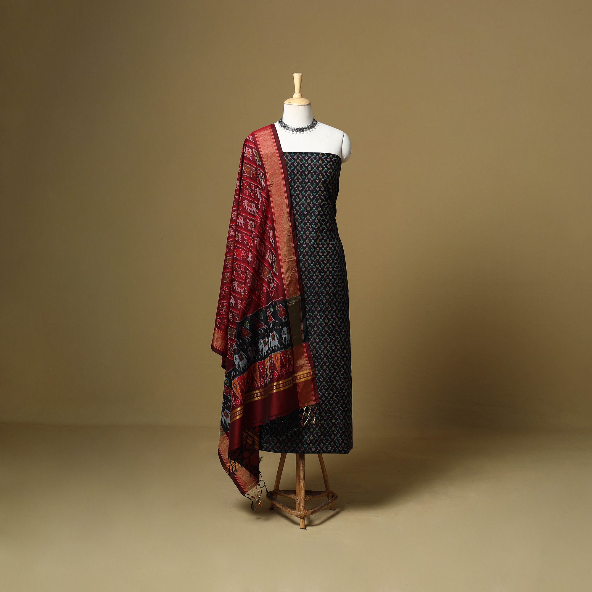 Black Handloom Sico Pochampally Ikat 2pc Unstitched Dress Material Suit Set