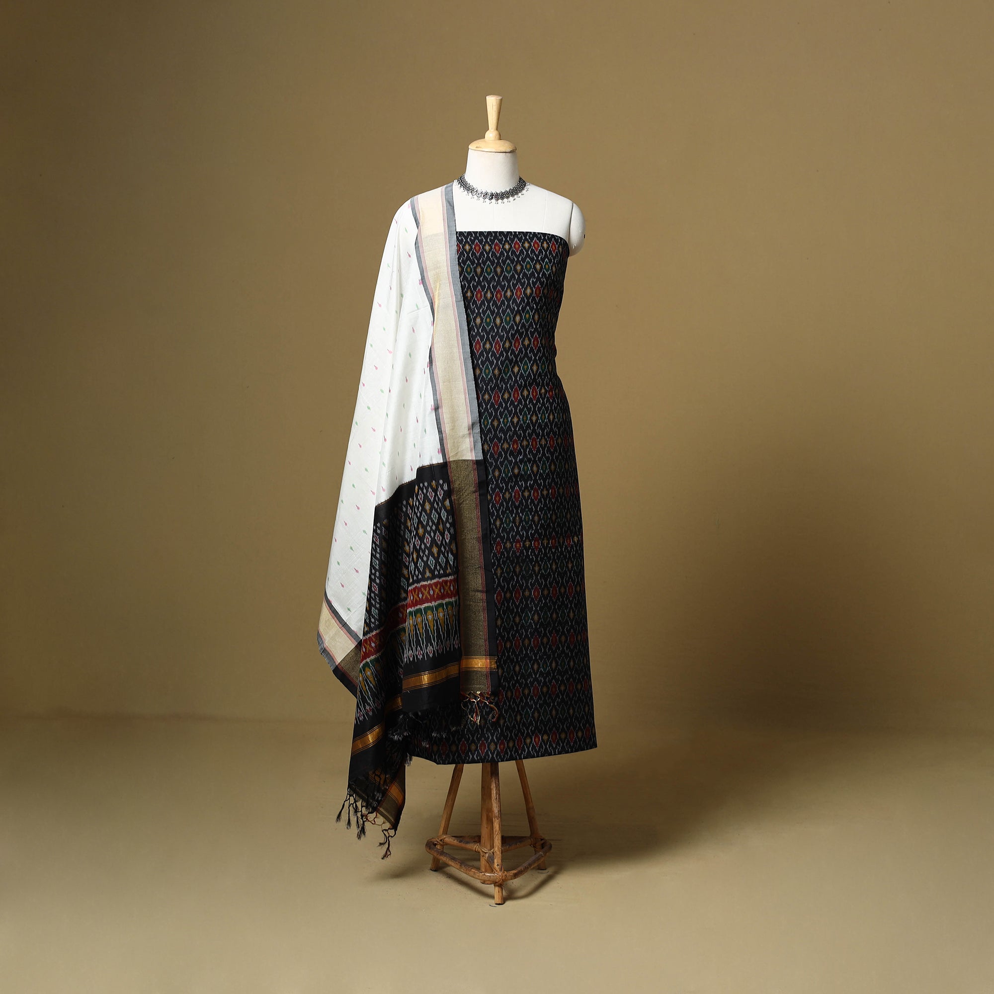 Black Handloom Sico Pochampally Ikat 2pc Unstitched Dress Material Suit Set