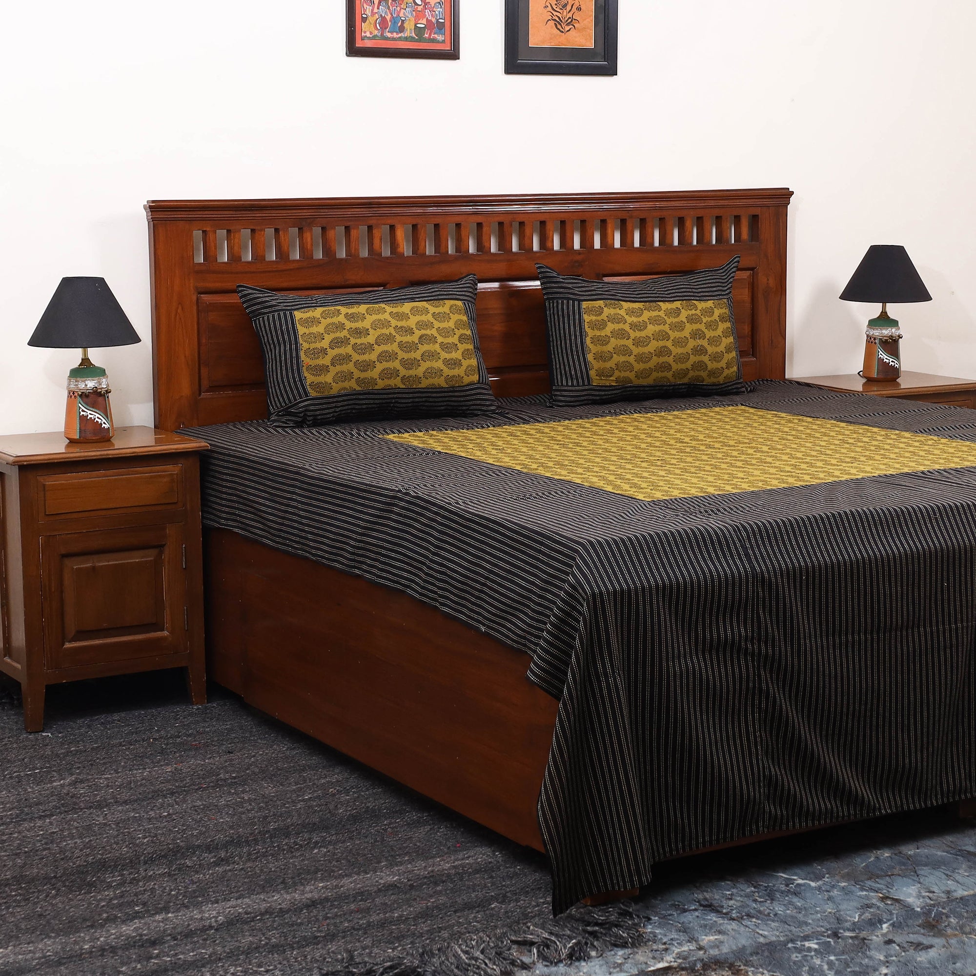Black Jacquard with Bagh Patch Cotton Bedsheet Set