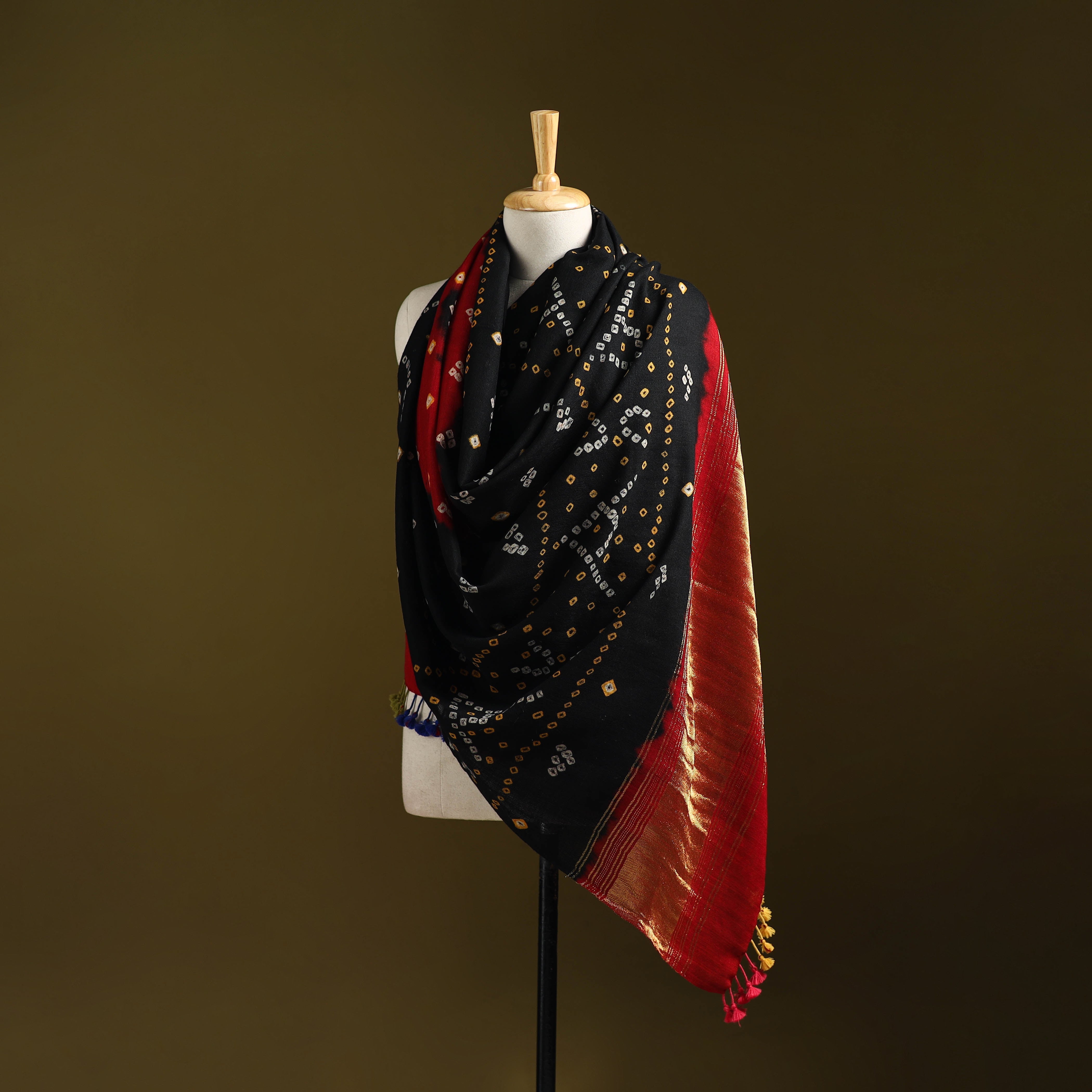 Black Kutch Bandhani Handwoven Merino Wool Shawl with Zari Patta