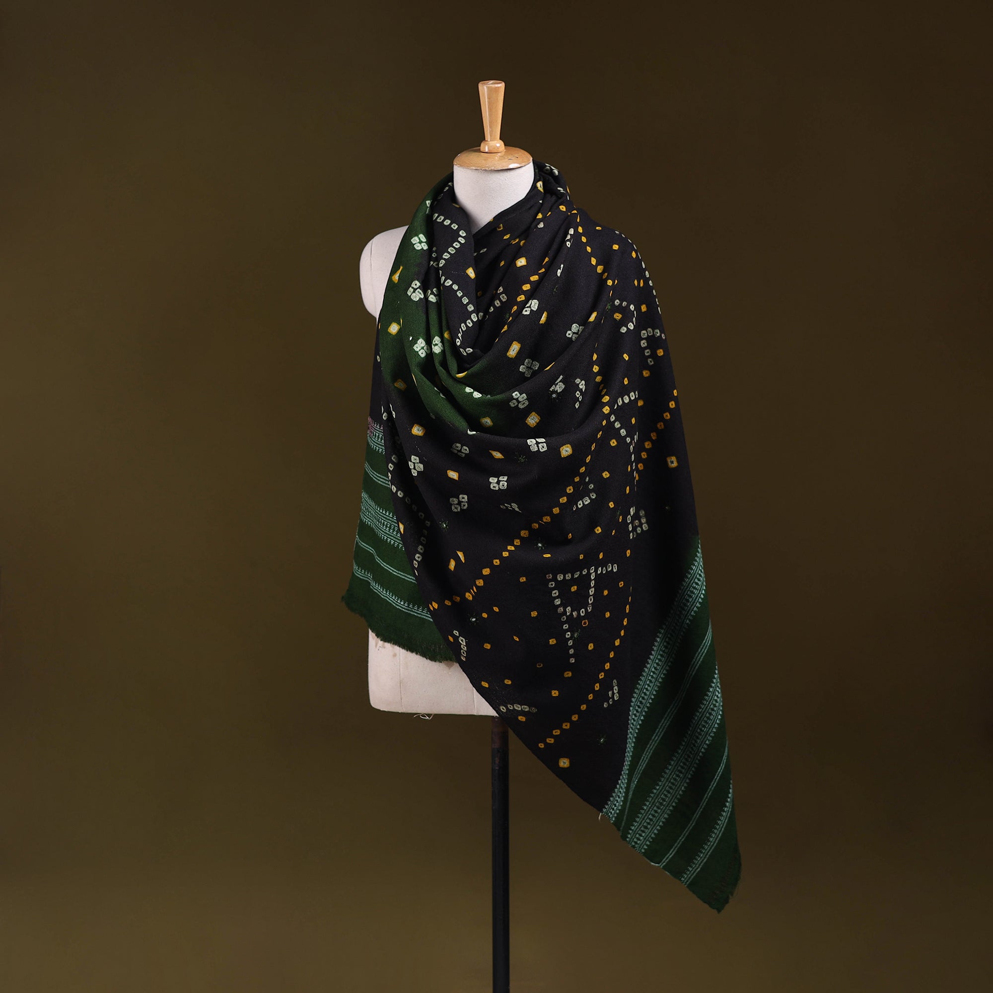 Black Kutch Mirror Work Handwoven Bandhani Bagida Merino Wool Shawl