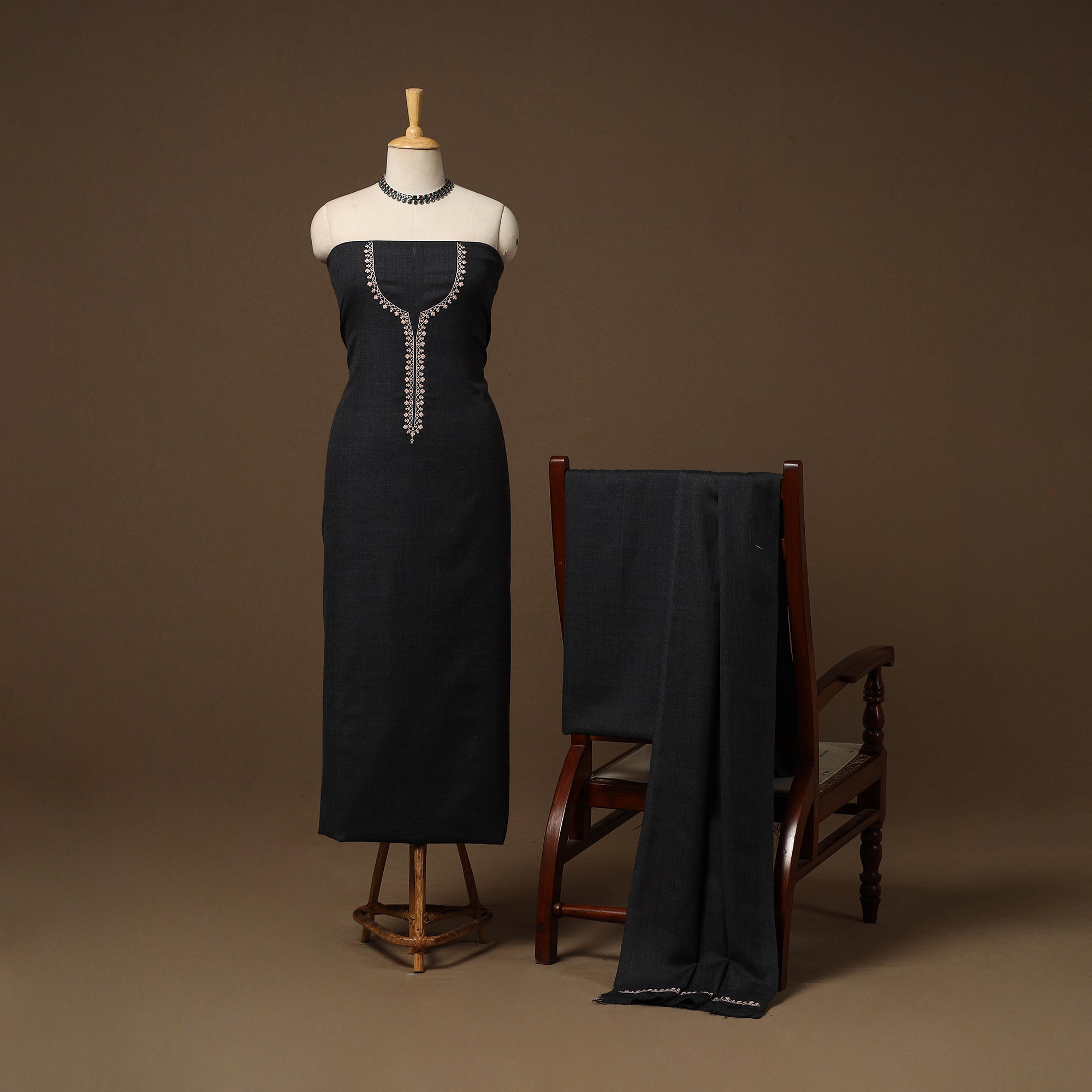 Black Merino Wool Hand Embroidery 3pc Unstitched Dress Material Suit Set