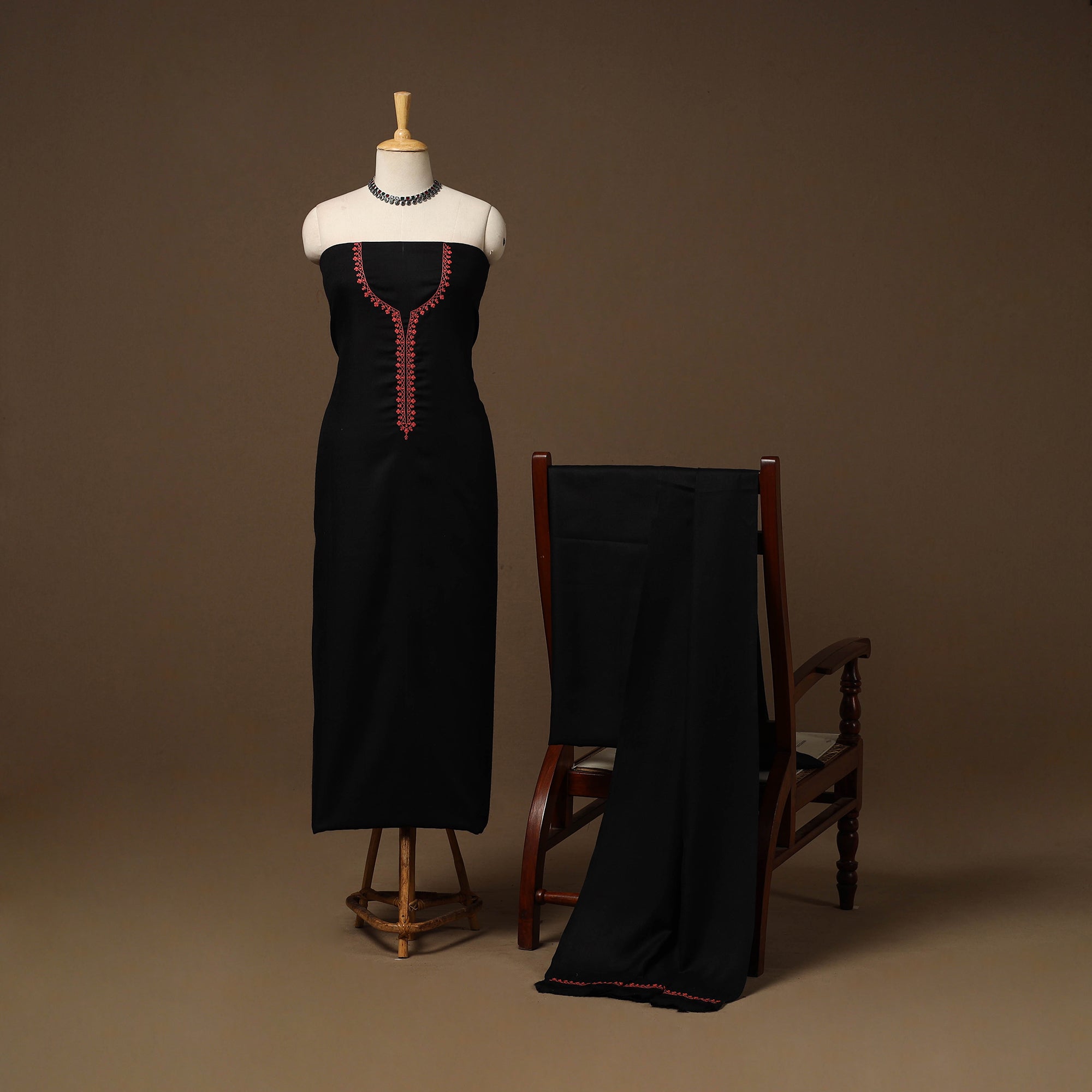 Black Merino Wool Hand Embroidery 3pc Unstitched Dress Material
