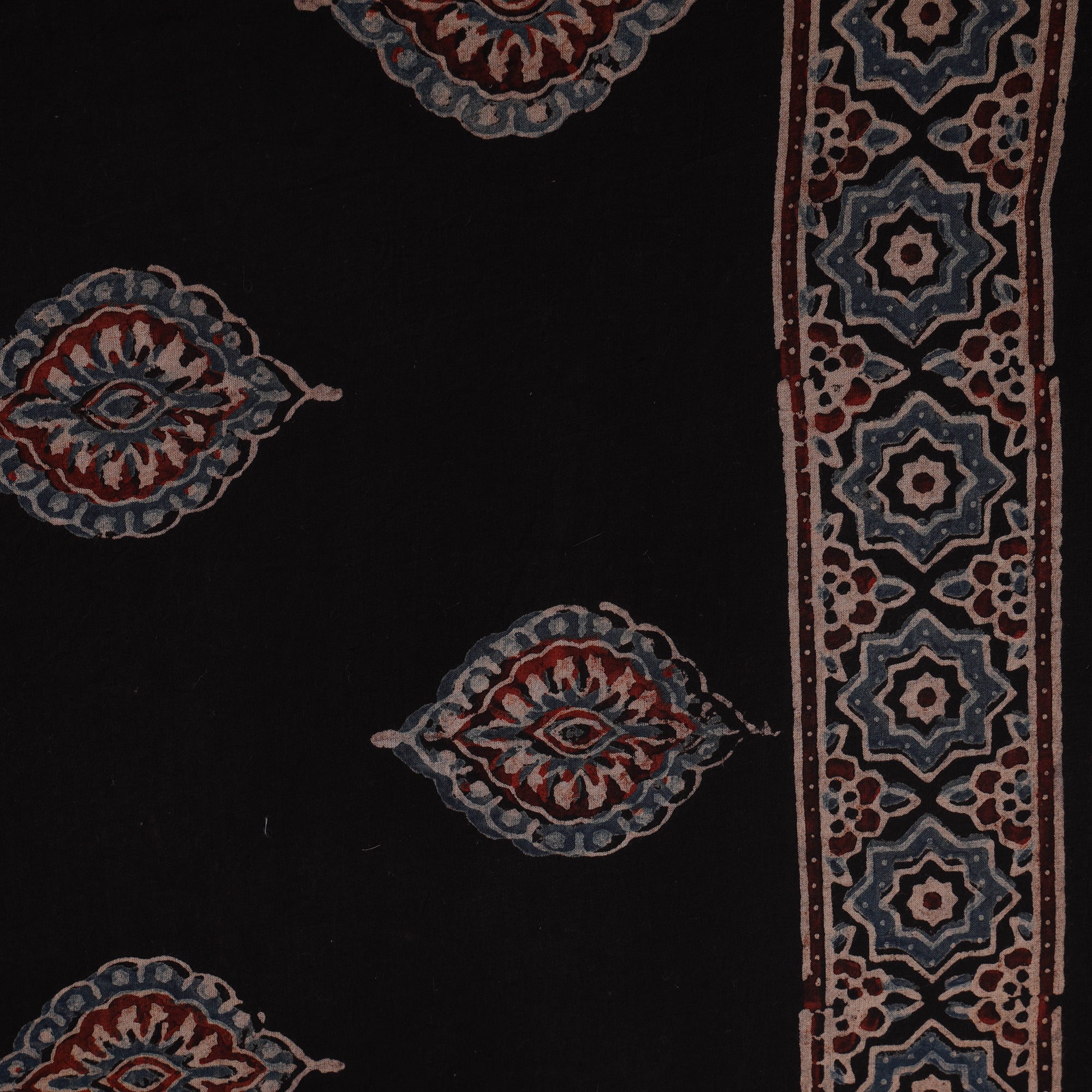 Black Natural Dyed Hand Block Print Cotton Ajrakh Fabric