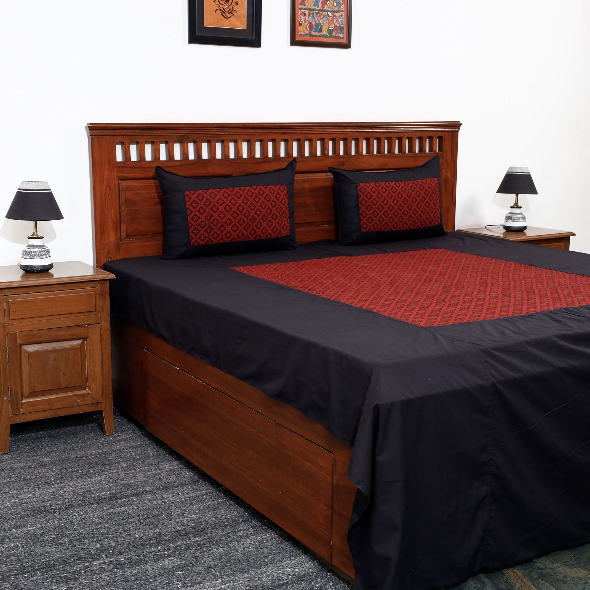 Plain Cotton Double Bed Cover Set with Bagh Patchwork