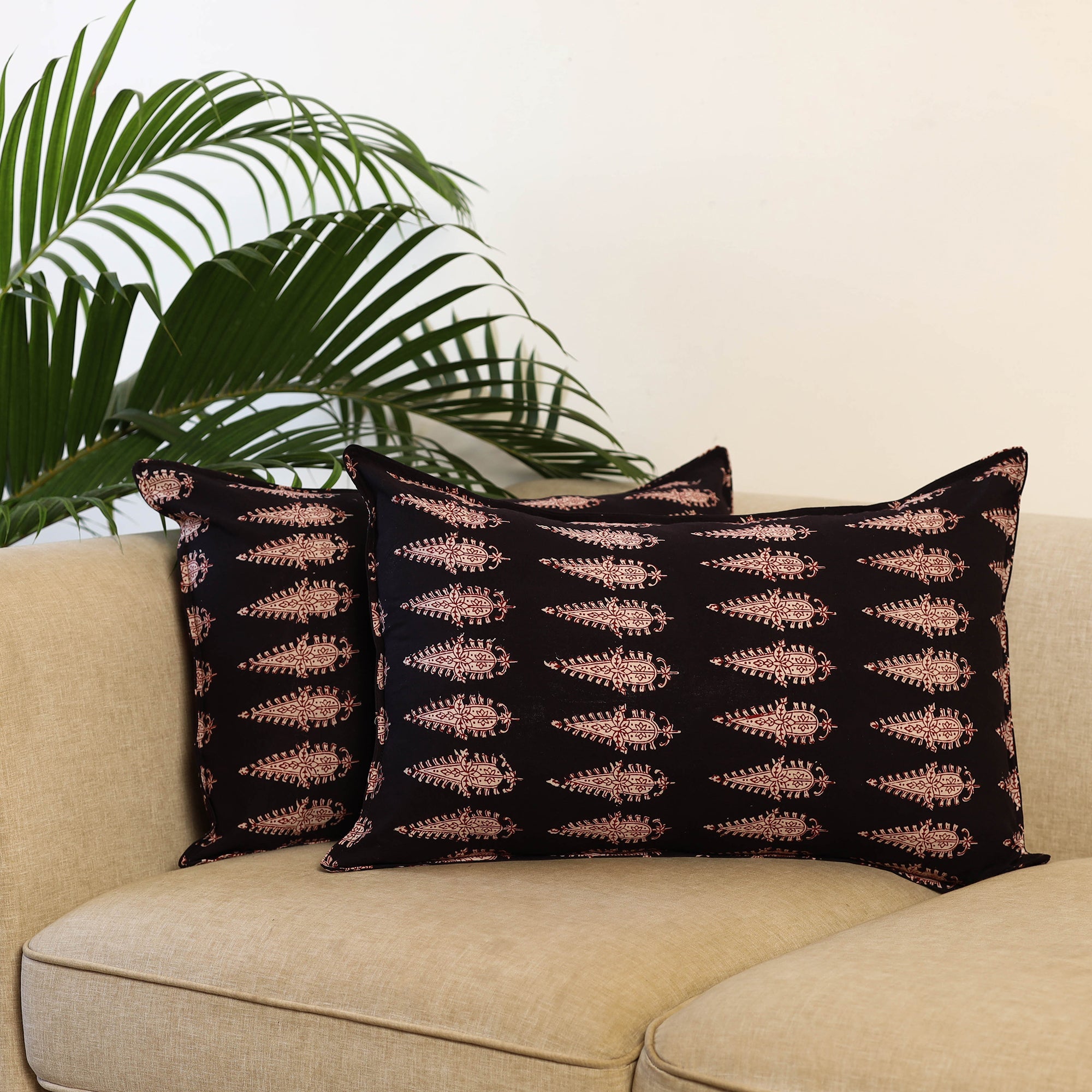 Set of 2 Black Bagh Block Print Cotton Pillow Covers