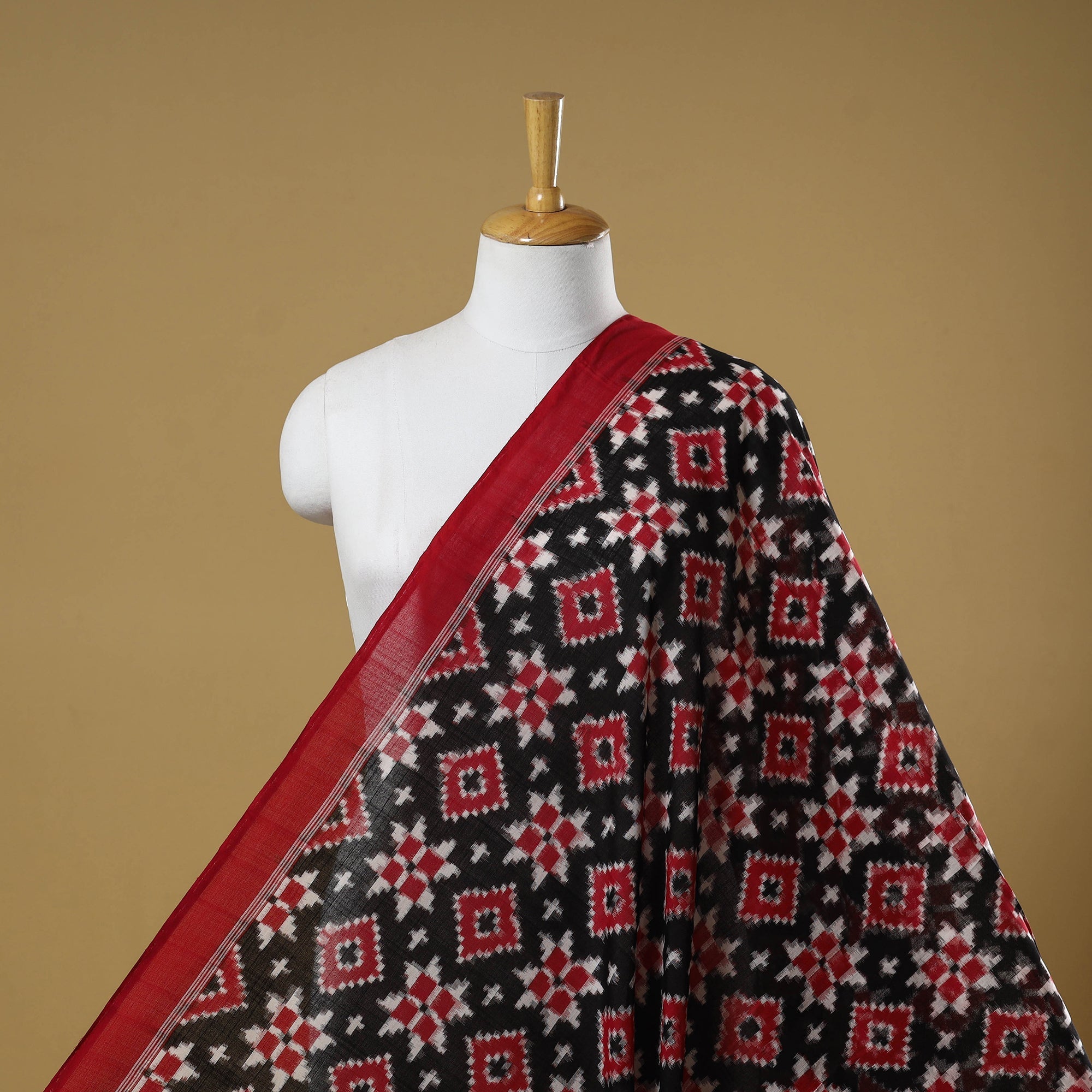 Black Telia Rumal Handloom Cotton Pochampally Double Ikat Fabric
