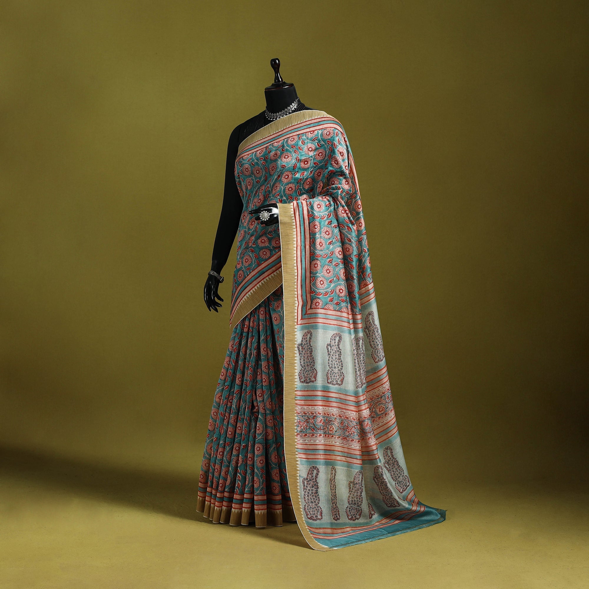 Blue Chanderi Silk Hand Block Print Sanganeri Saree with Ghicha Border