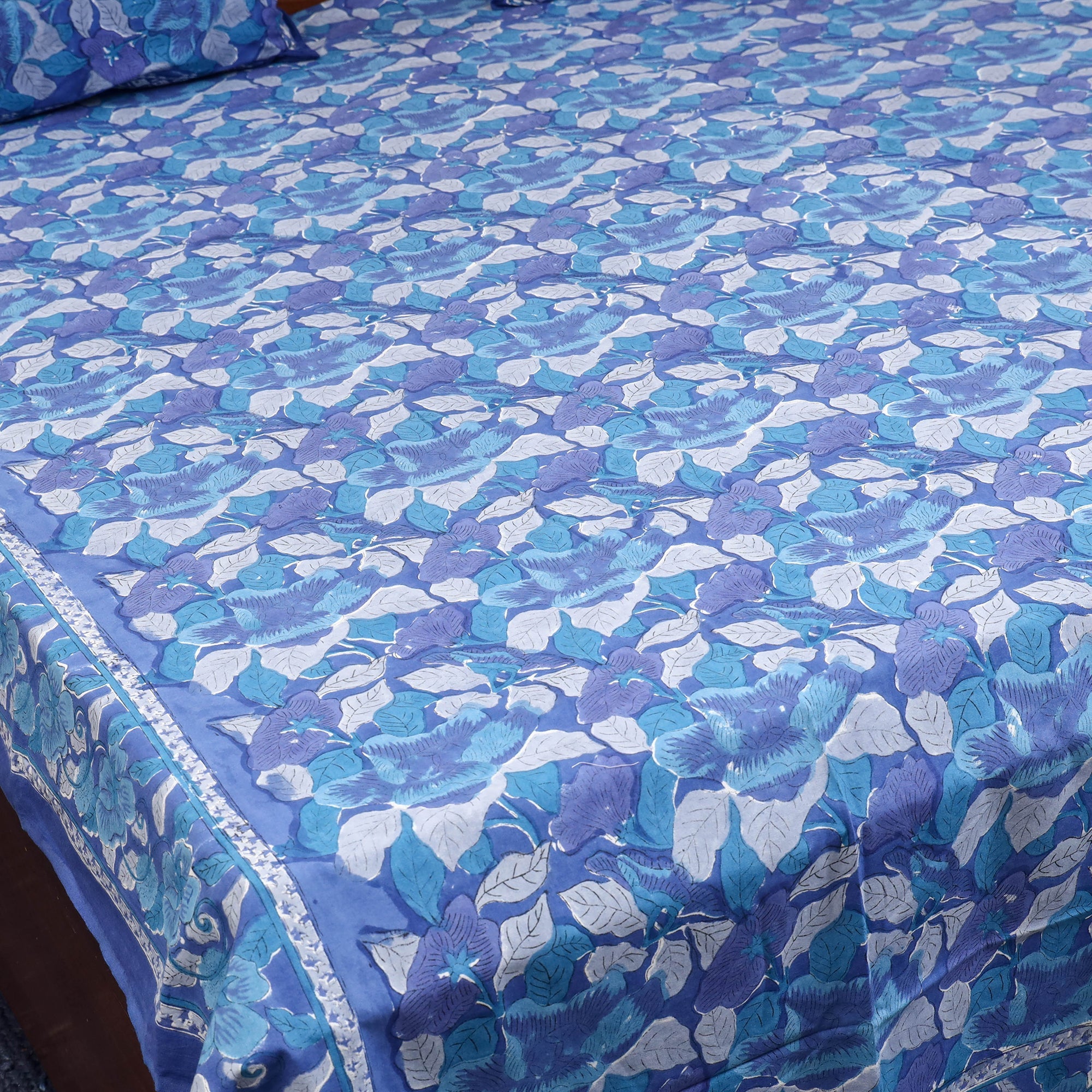 Blue Block Print Cotton Double Sanganeri Bed Sheet Set