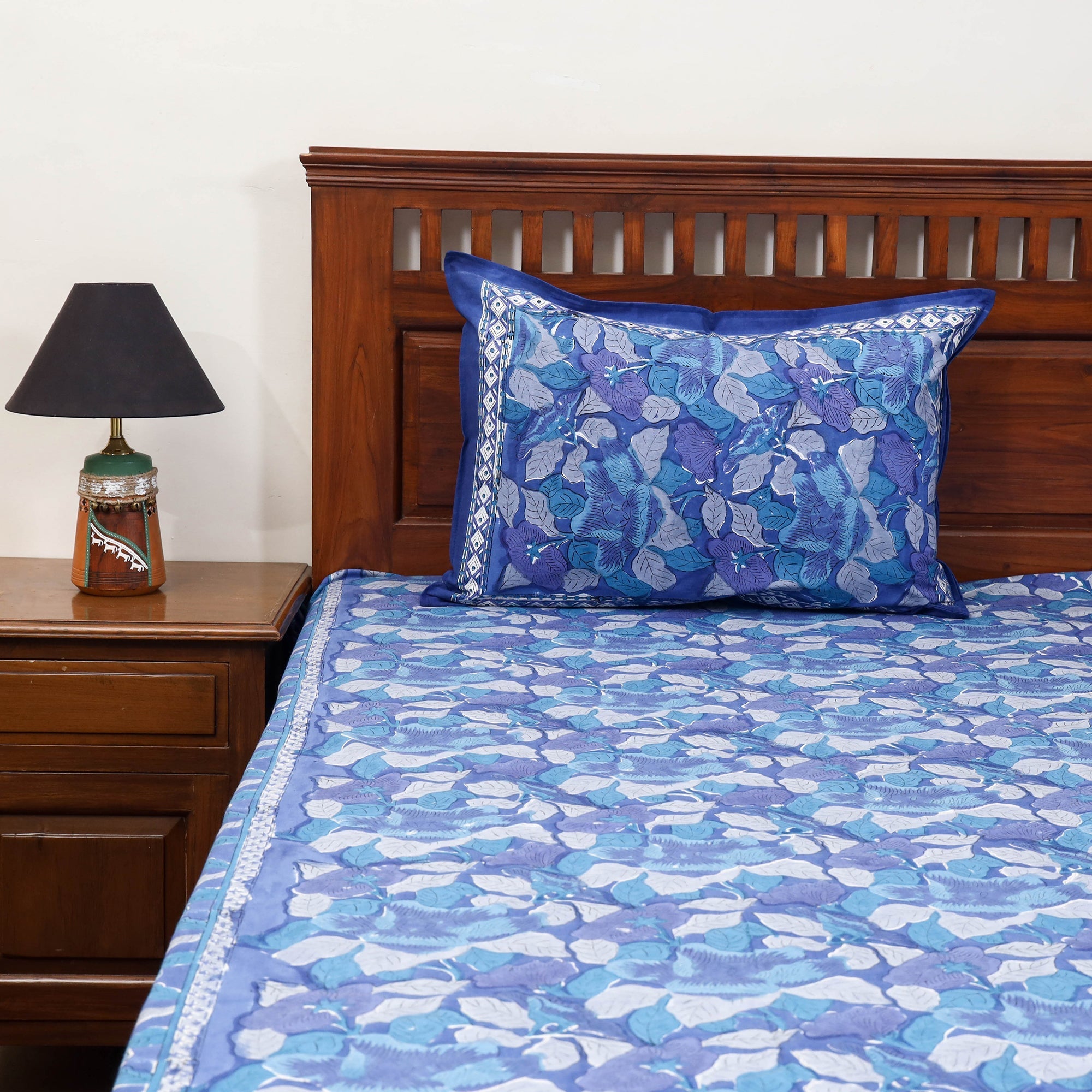 Blue Block Print Cotton Double Sanganeri Bed Sheet Set